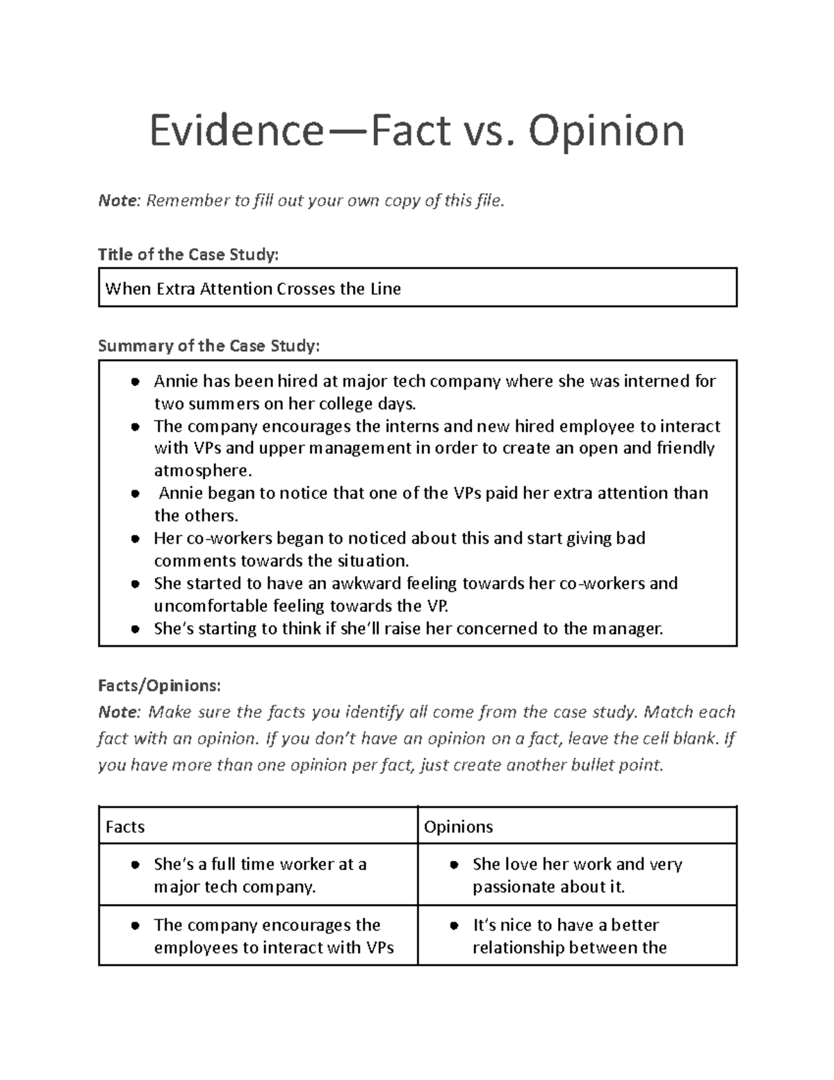 Case Study about Business Ethics - Evidence—Fact vs. Opinion Note ...