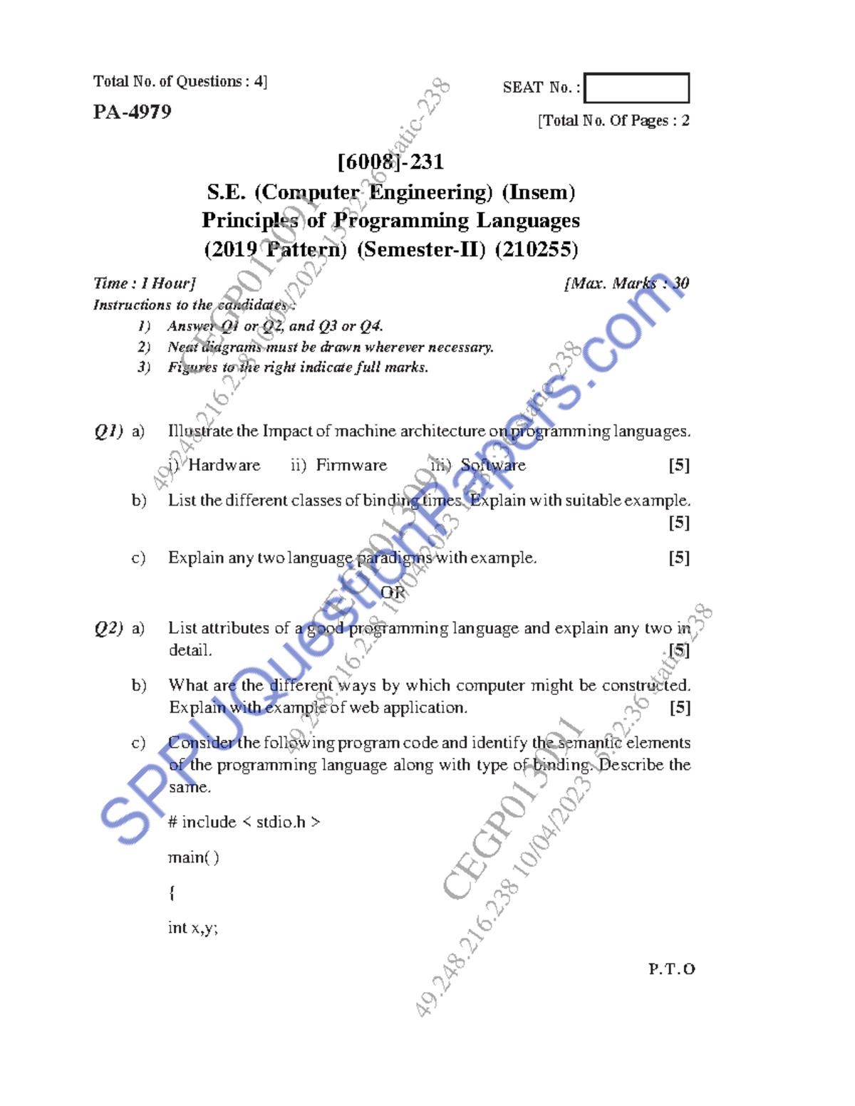 PPL insem - Total No. of Questions : 4] [Total No. Of Pages : 2 [6008]- S. (Computer Engineering ...