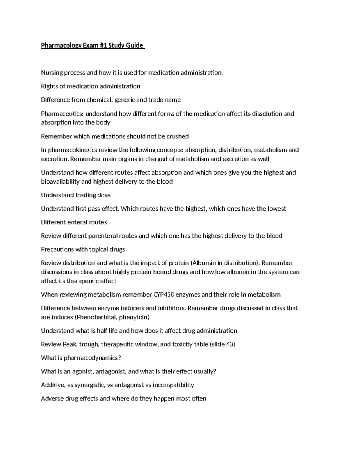 Study guide for Exam #1 Pharm NUR 307 Spring 2023(2) - Pharmacology ...
