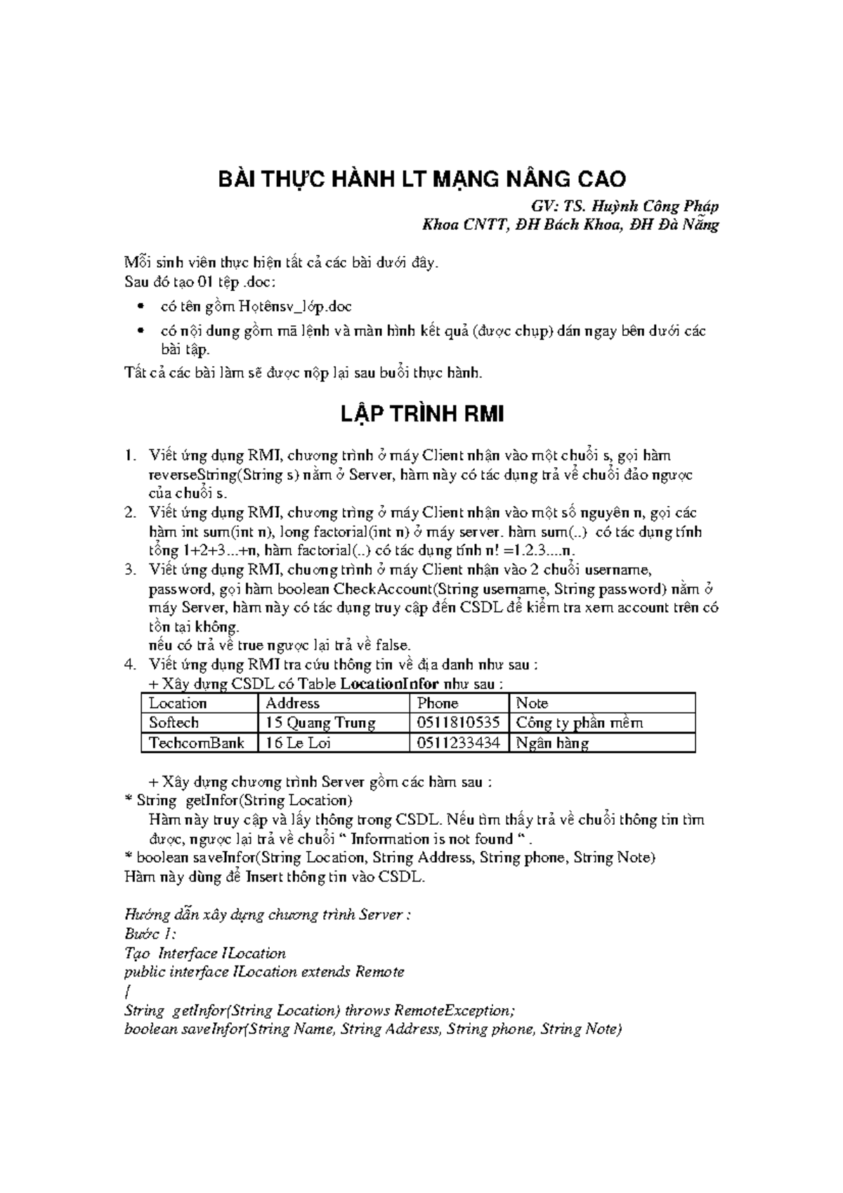 Thuc hanh RMI - hhihia - BÀI TH C HÀNH LT M NG NÂNG CAO GV: TS. Huỳnh Công Pháp Khoa CNTT, ĐH ...