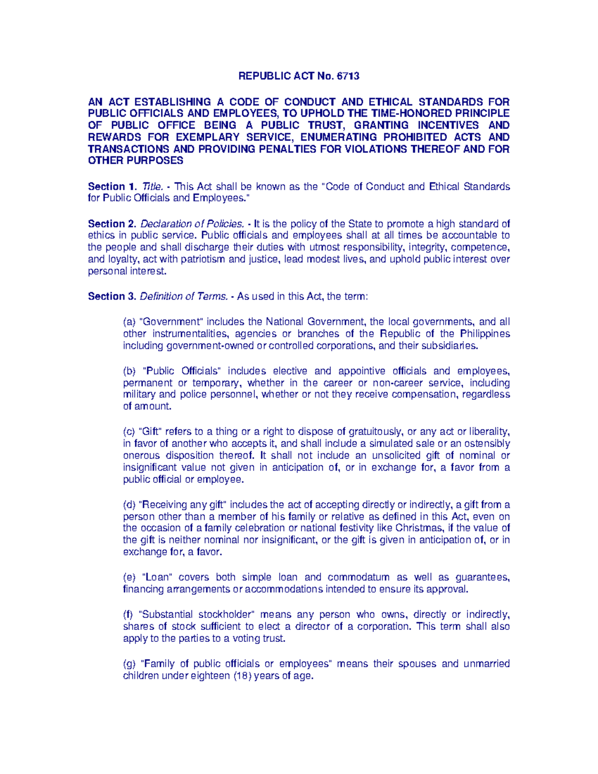 RA 6713 - bdsbb - REPUBLIC ACT No. 6713 AN ACT ESTABLISHING A CODE OF ...