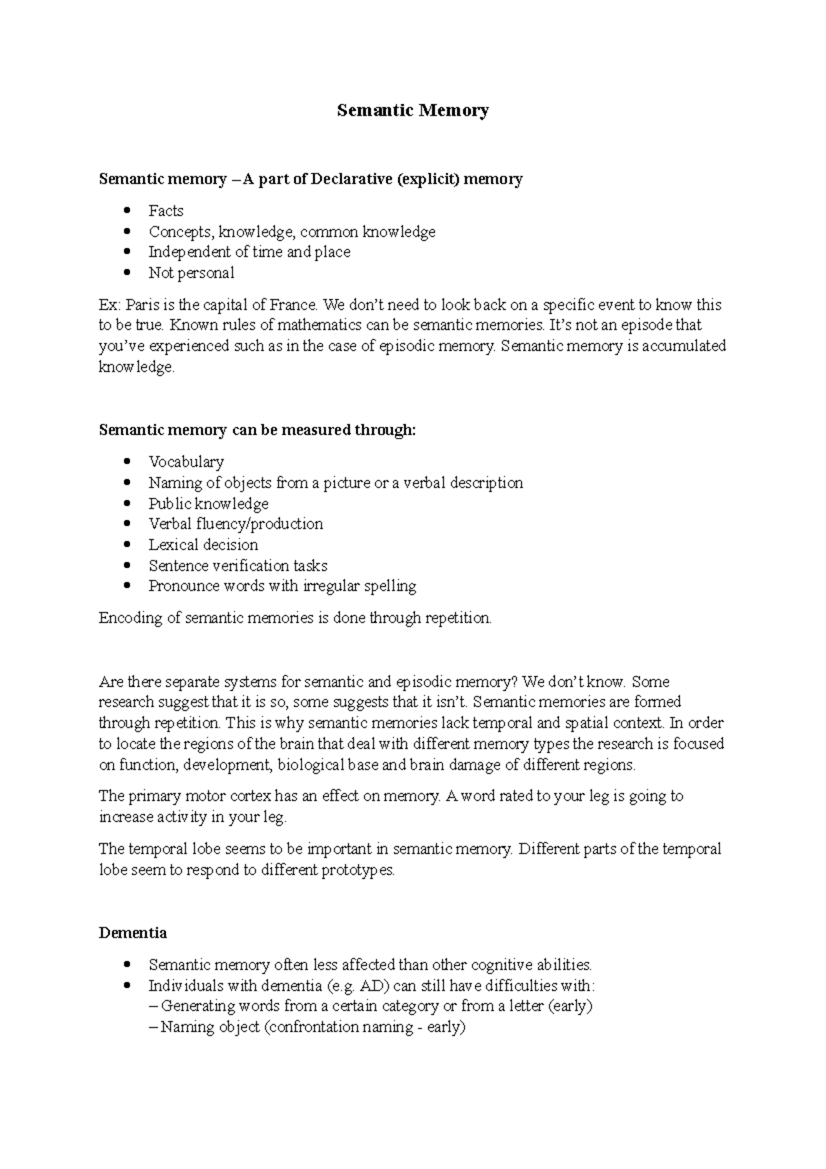 Semantic Memory - Semantic Memory Semantic memory – A part of Declarative (explicit) memory ...