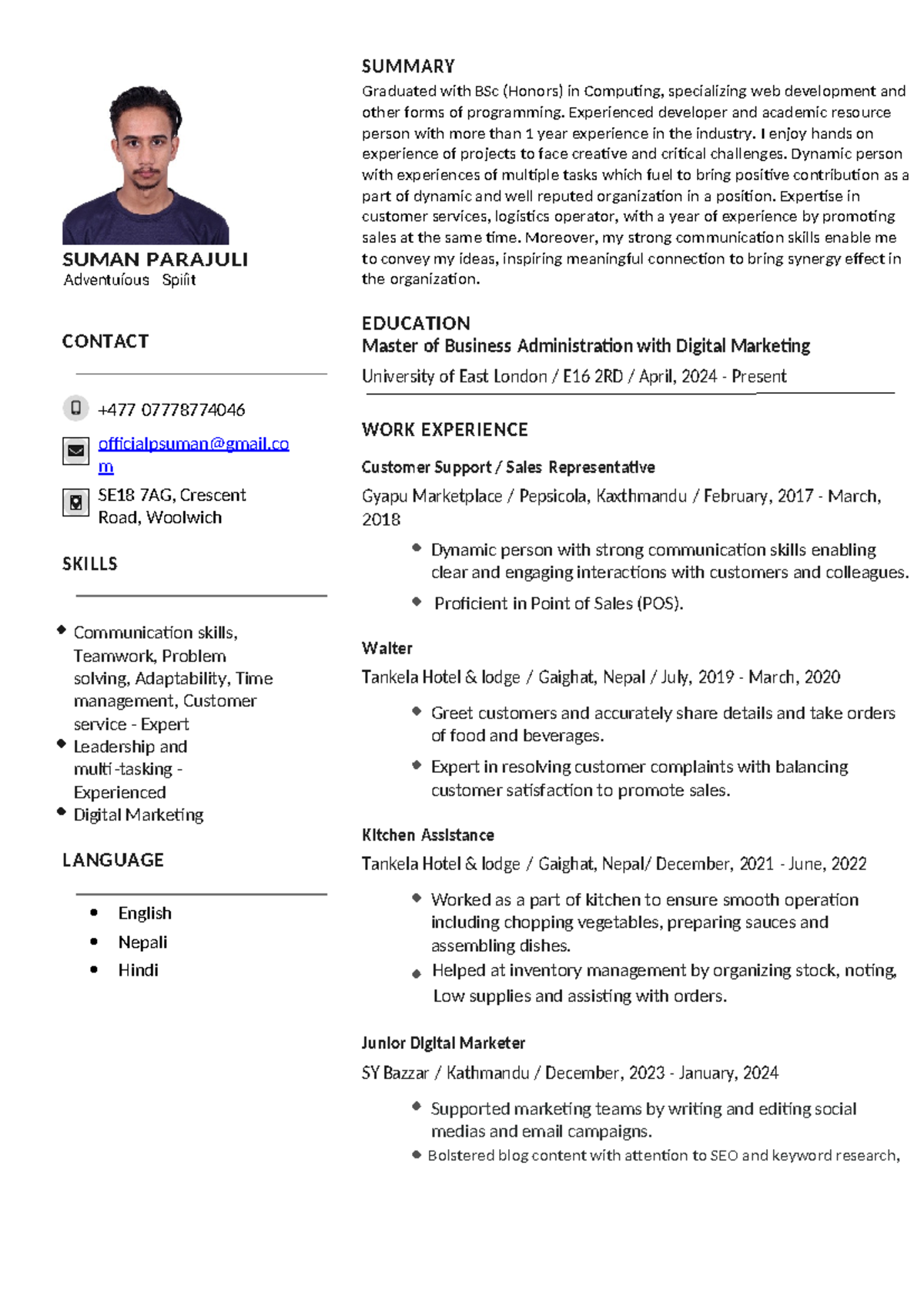 Asmi Magar CV - hr4001 - SUMAN PARAJULI Adventuíous Spiíit CONTACT +477 07778774046 - Studocu