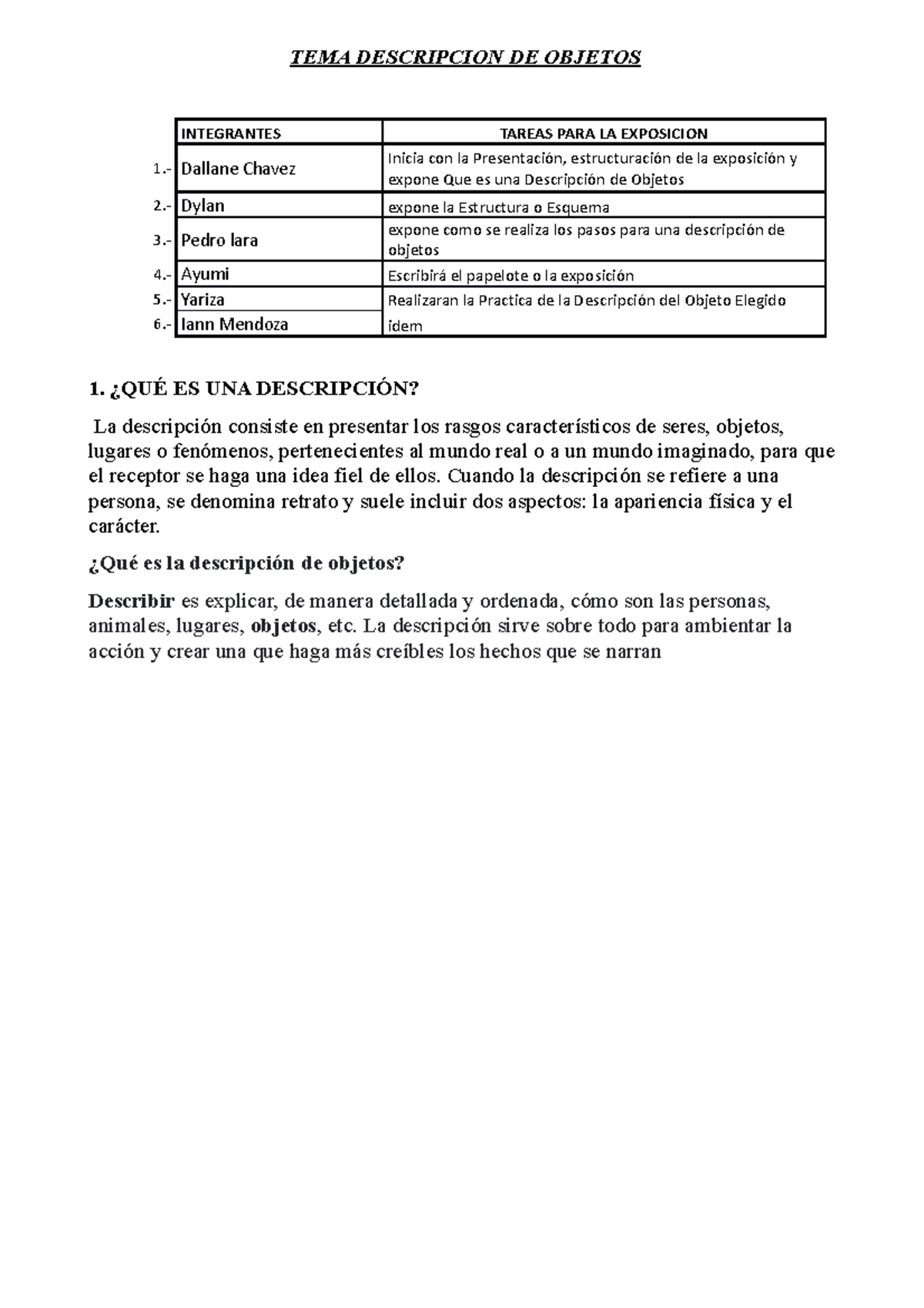 Descripcion del Objetos - TEMA DESCRIPCION DE OBJETOS INTEGRANTES ...