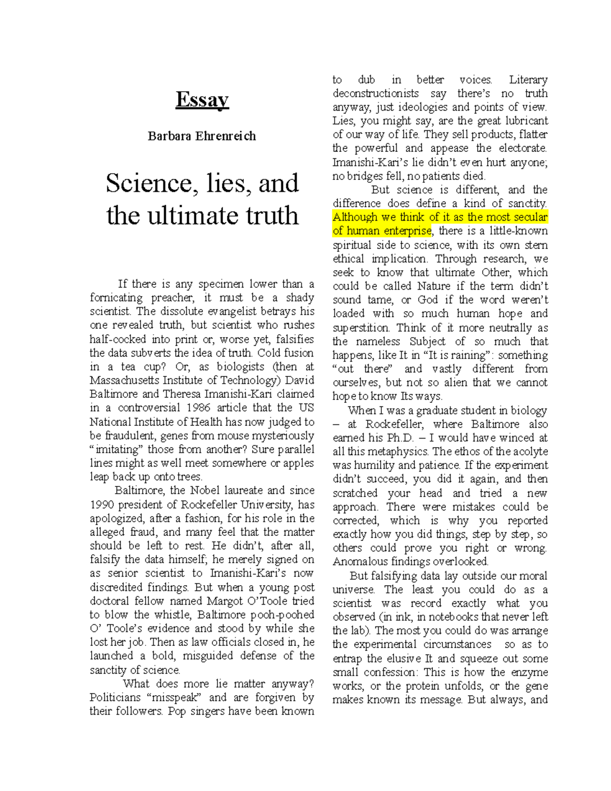 Essay science, lies and the ultimate truth - Essay Barbara Ehrenreich ...