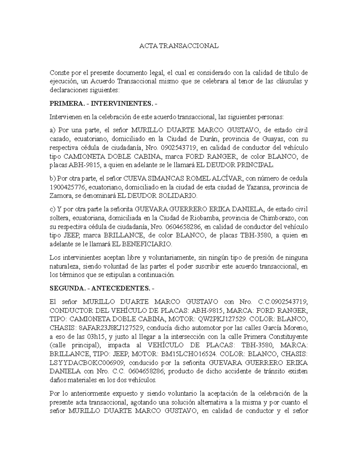 ACTA TRANSACCIONAL EN MATERIA DE TRANSITO PREVIA PRESENTACION EN ...