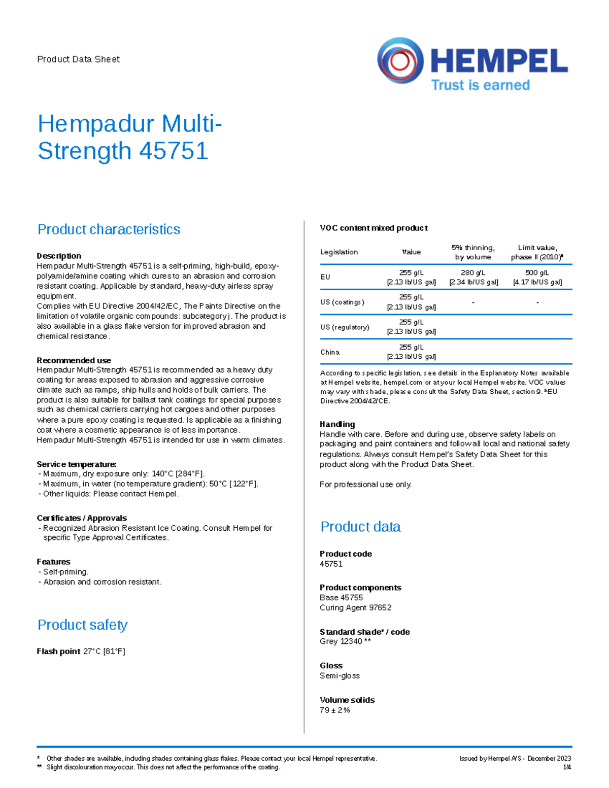 Tabela DE Tintas Hempel - Product characteristics Description Hempadur ...