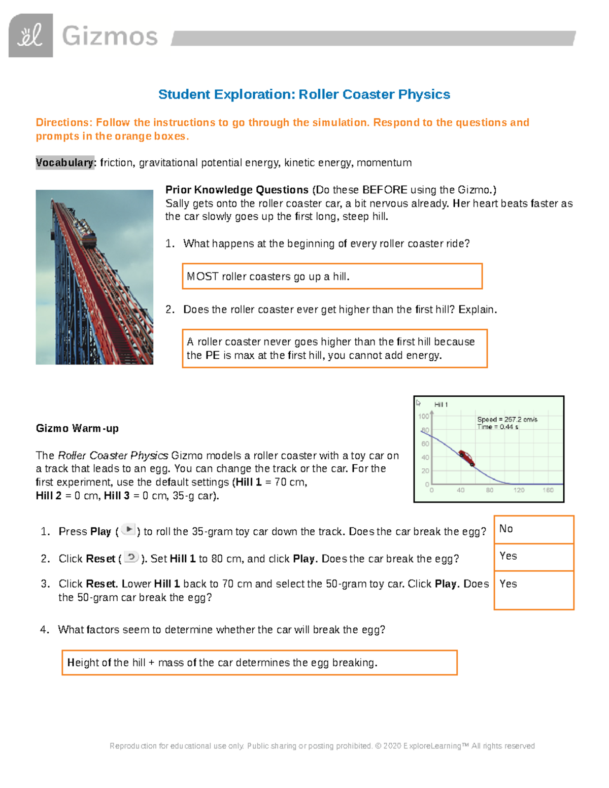 Roller Coaster Physics Gizmo - Student Exploration: Roller Coaster ...