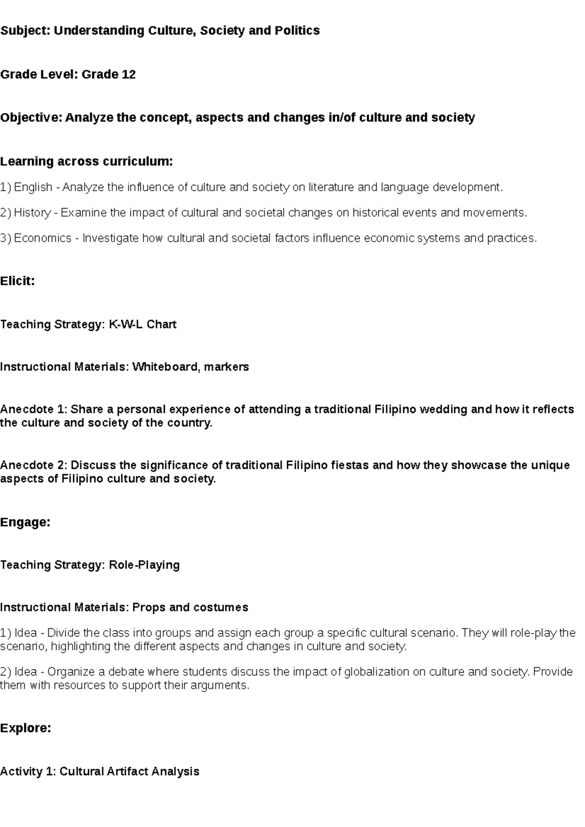 Lesson plan - UCCSP - Subject: Understanding Culture, Society and ...