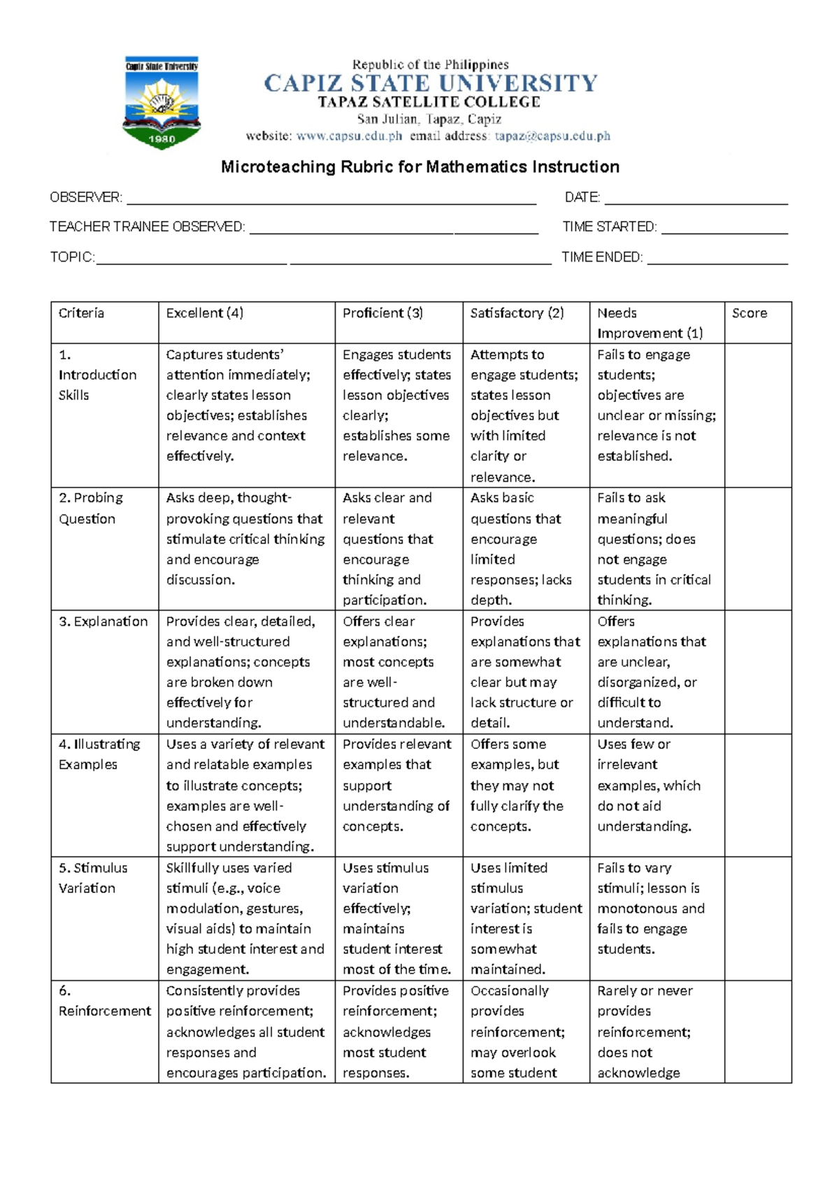 Microteaching Rubric for Mathematics Instruction - Introduction Skills ...