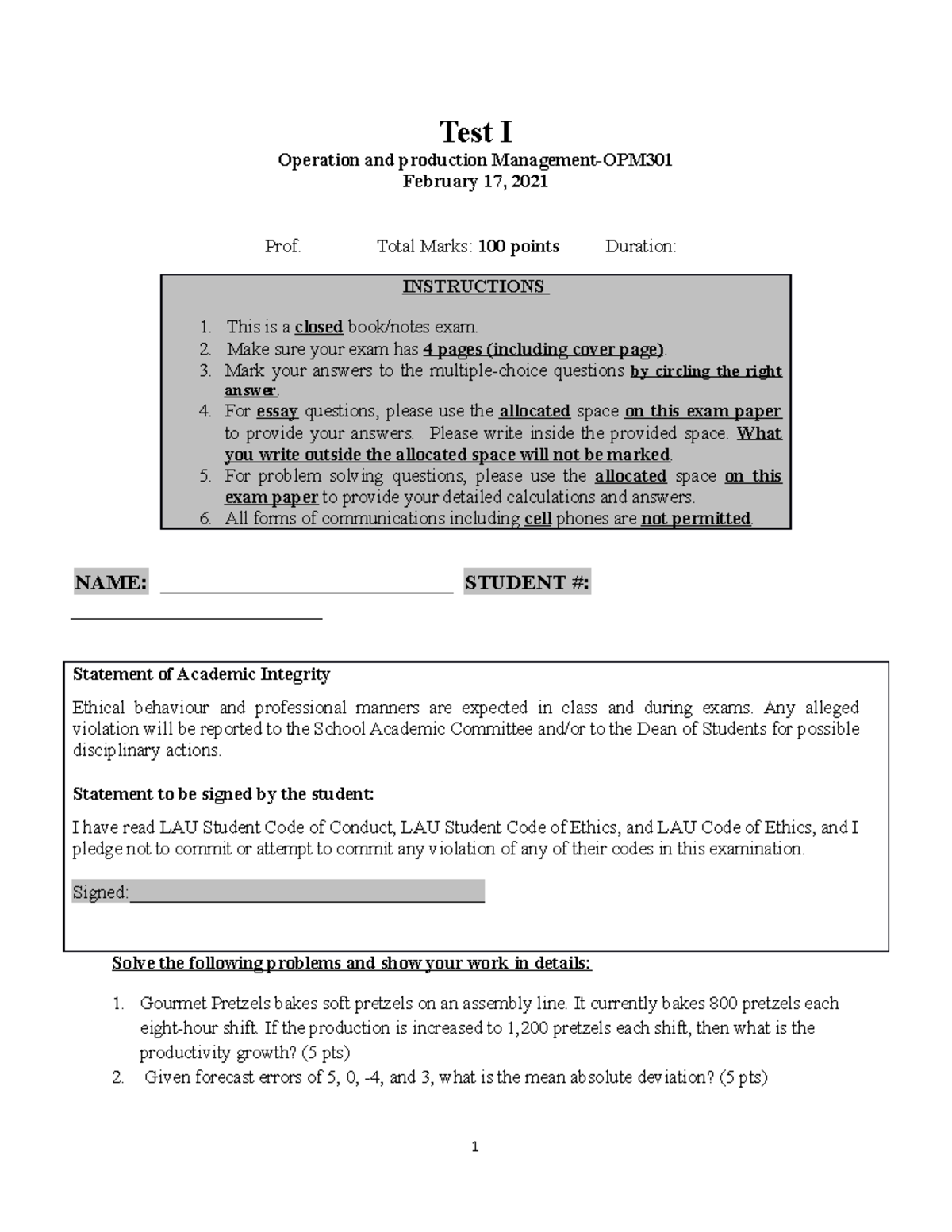 Previous Test Operation and production management - Test I Operation ...