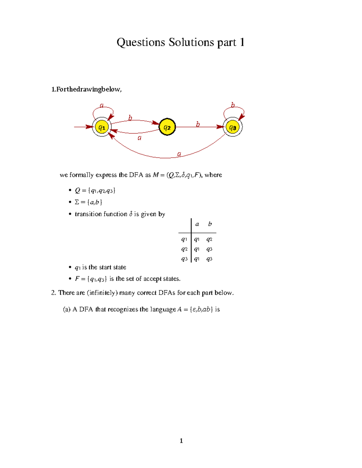 Question with soltions part 1 - Questions Solutions part 1 we formally express the DFA as M ...