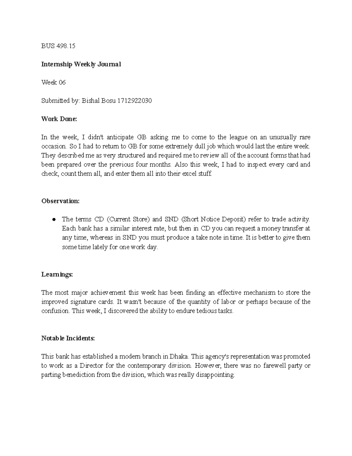 BUS 498 Internship report week 6 - BUS 498. Internship Weekly Journal ...