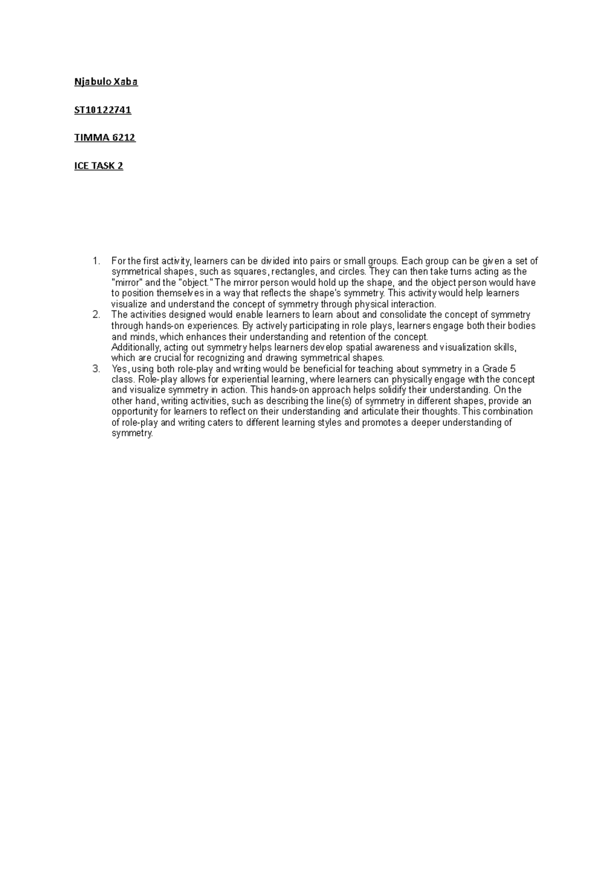 Timma ICE TASK 2 - Ice task 2 - Njabulo Xaba ST TIMMA 6212 ICE TASK 2 1 ...
