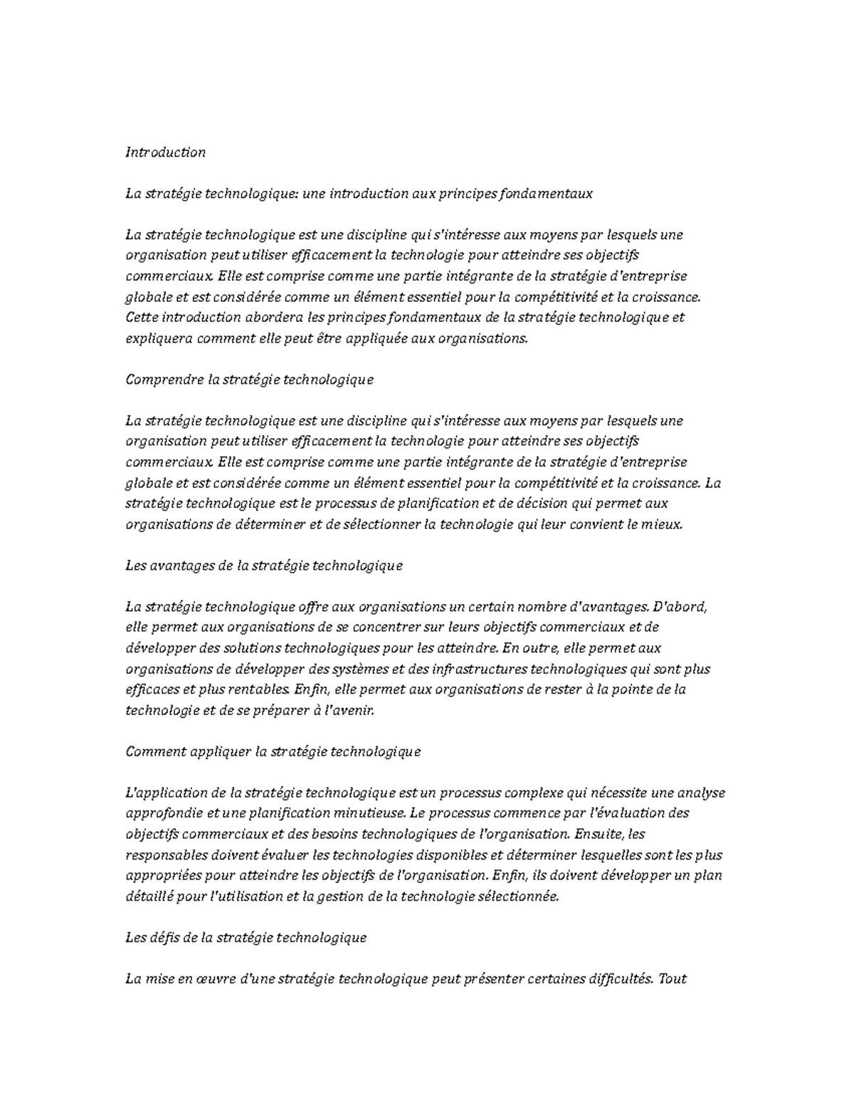 Technology Strategy note study - Introduction La stratégie ...