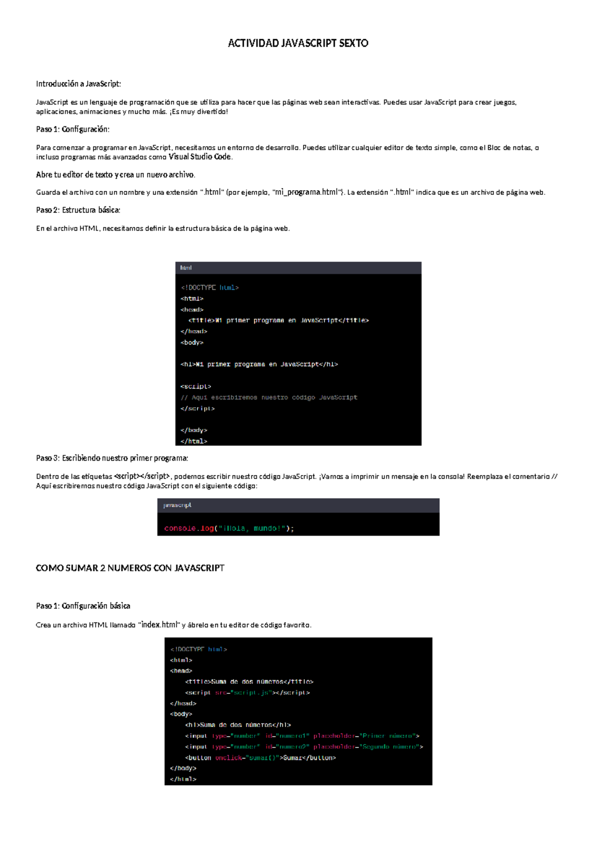 Actividad Javascript Sexto - ACTIVIDAD JAVASCRIPT SEXTO Introducción a ...