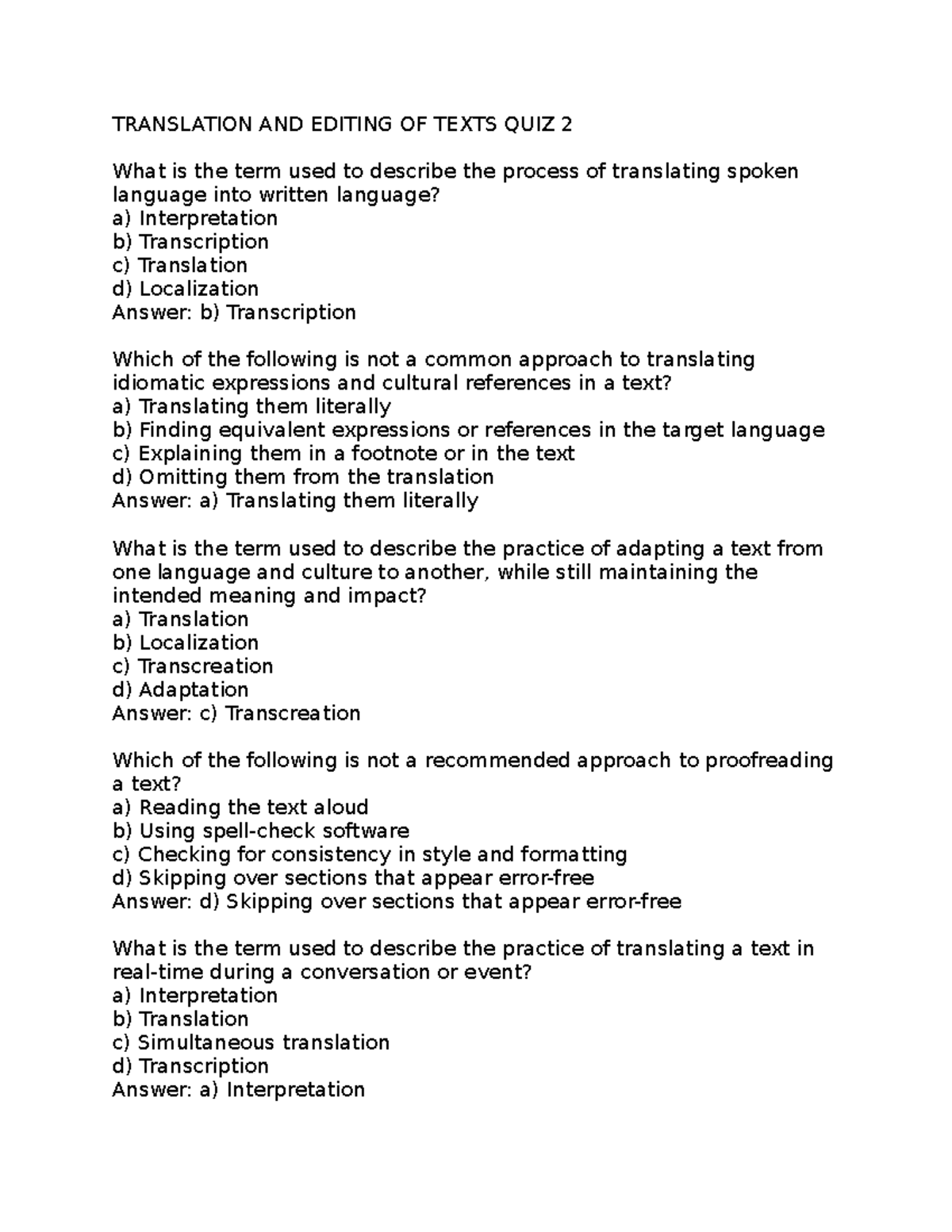 Translation AND Editing OF Texts QUIZ 2 - TRANSLATION AND EDITING OF ...