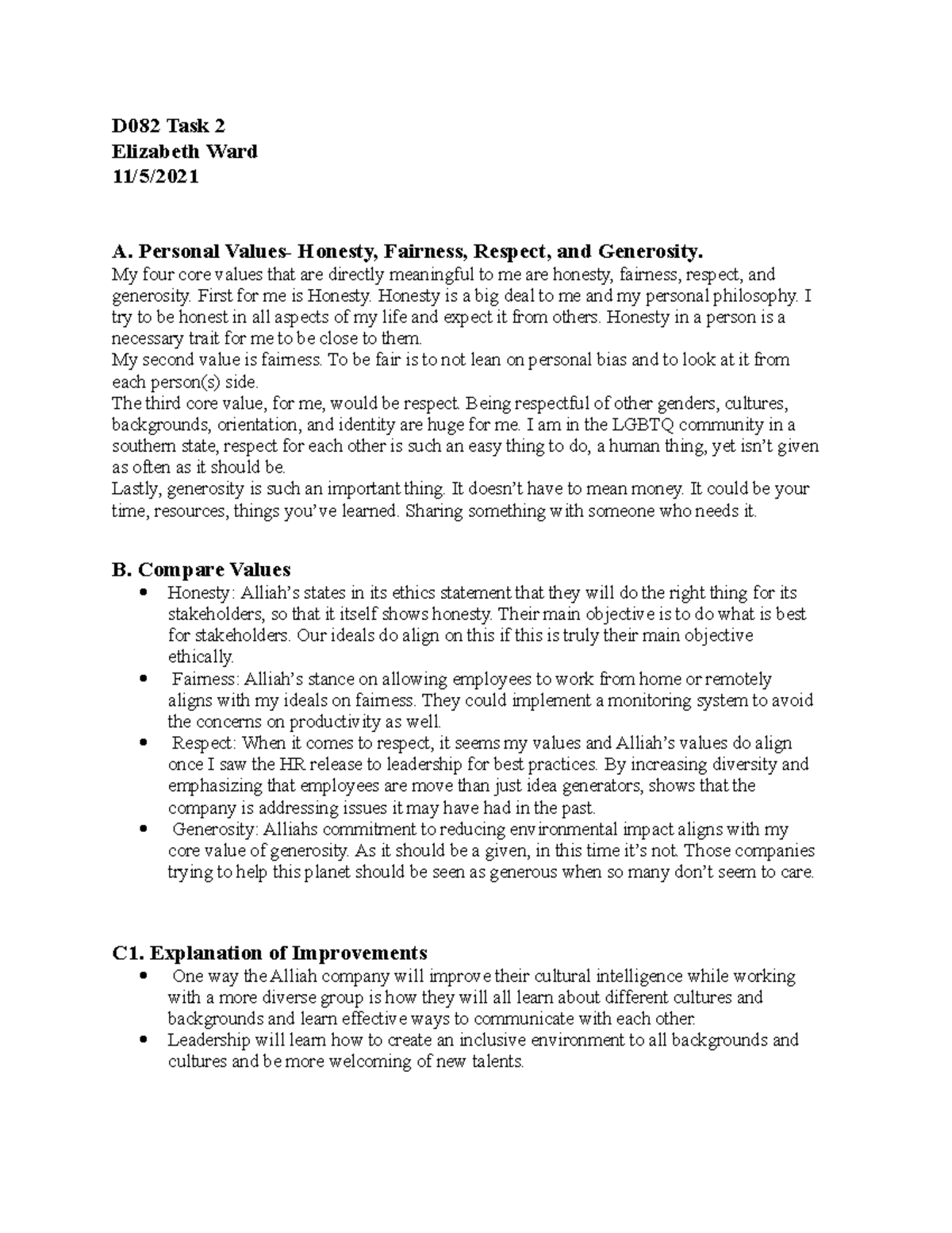 D082 Task 2 - Grade: A - D082 Task 2 Elizabeth Ward 11/5/ A. Personal ...