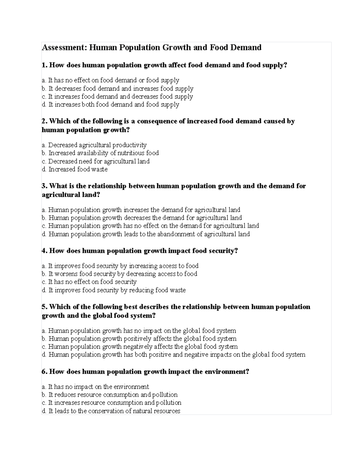 Population impact on food questions - Assessment: Human Population ...