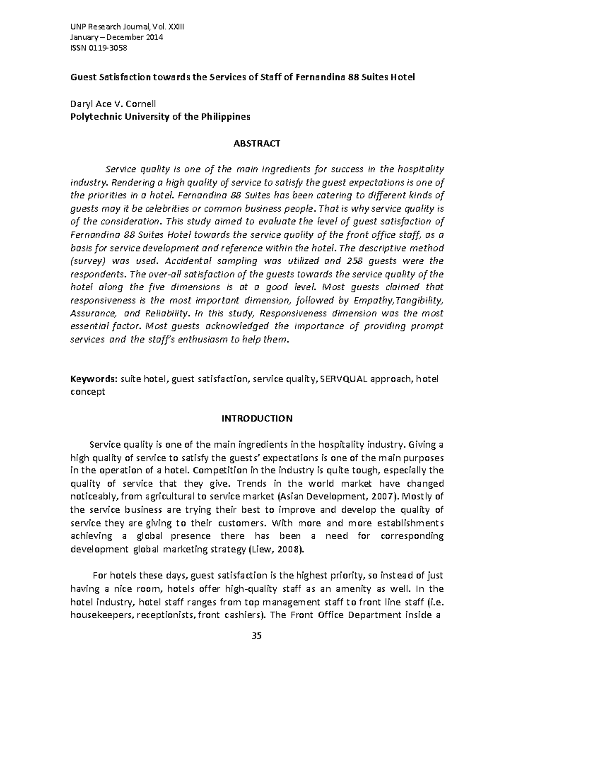 3 - study on hotel management - UNP Research Journal, Vol. XXIII ...