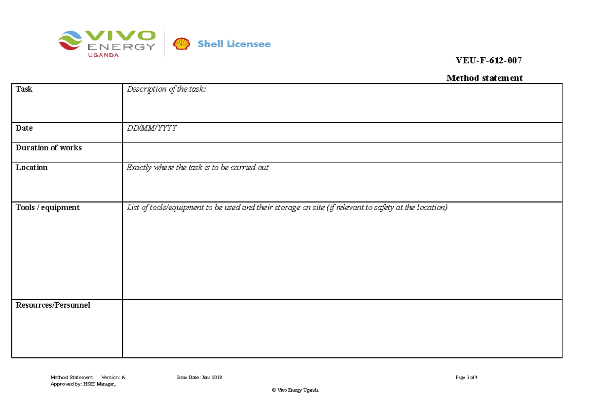 Veu F 612 007 Method Statement Template Method Statement Task