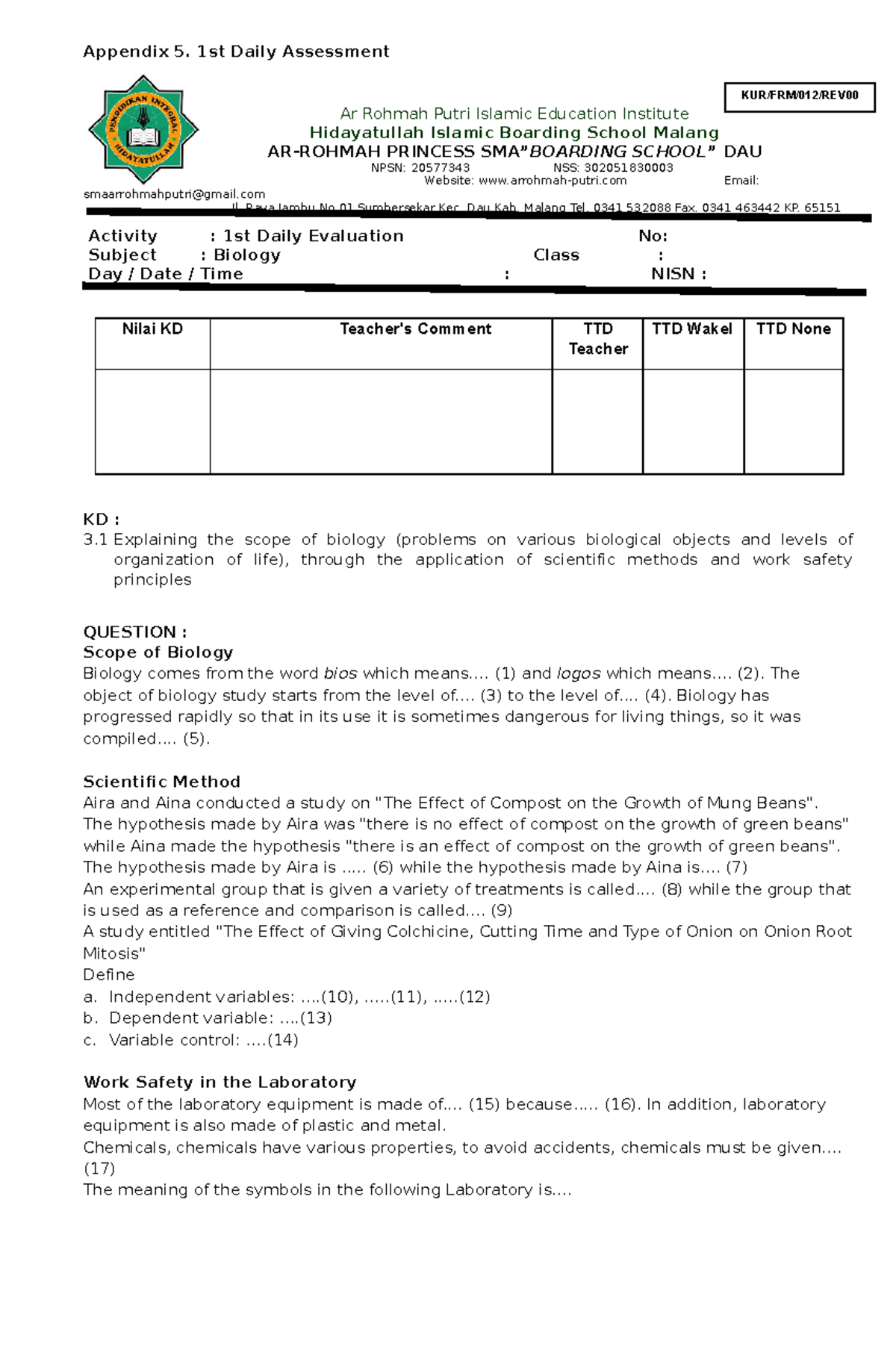 ENG. Tugas Ruang Lingkup X - Appendix 5. 1st Daily Assessment Ar Rohmah Putri Islamic Education ...