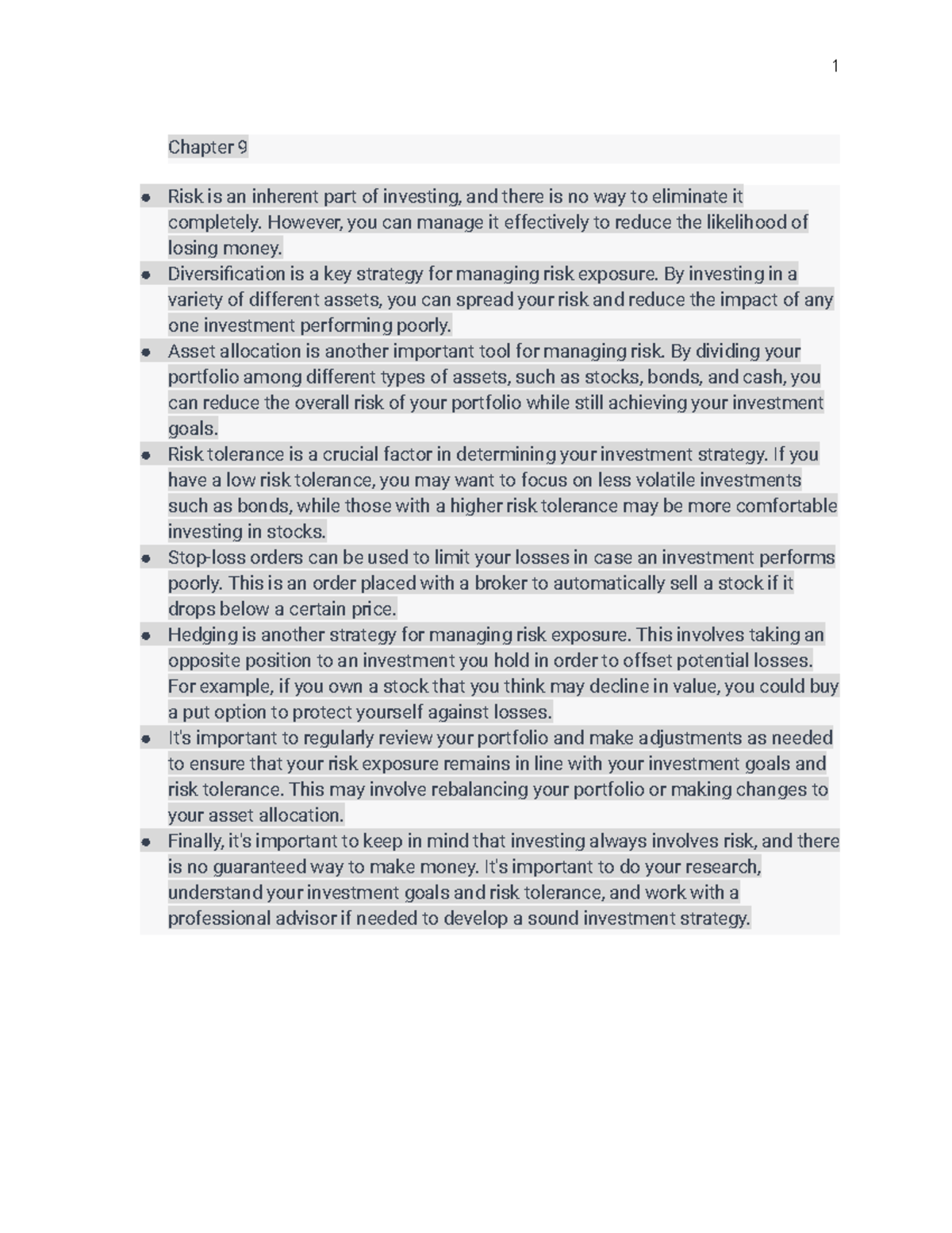 Chapter 9 Risk - Summary - 1 Chapter 9 Risk is an inherent part of ...