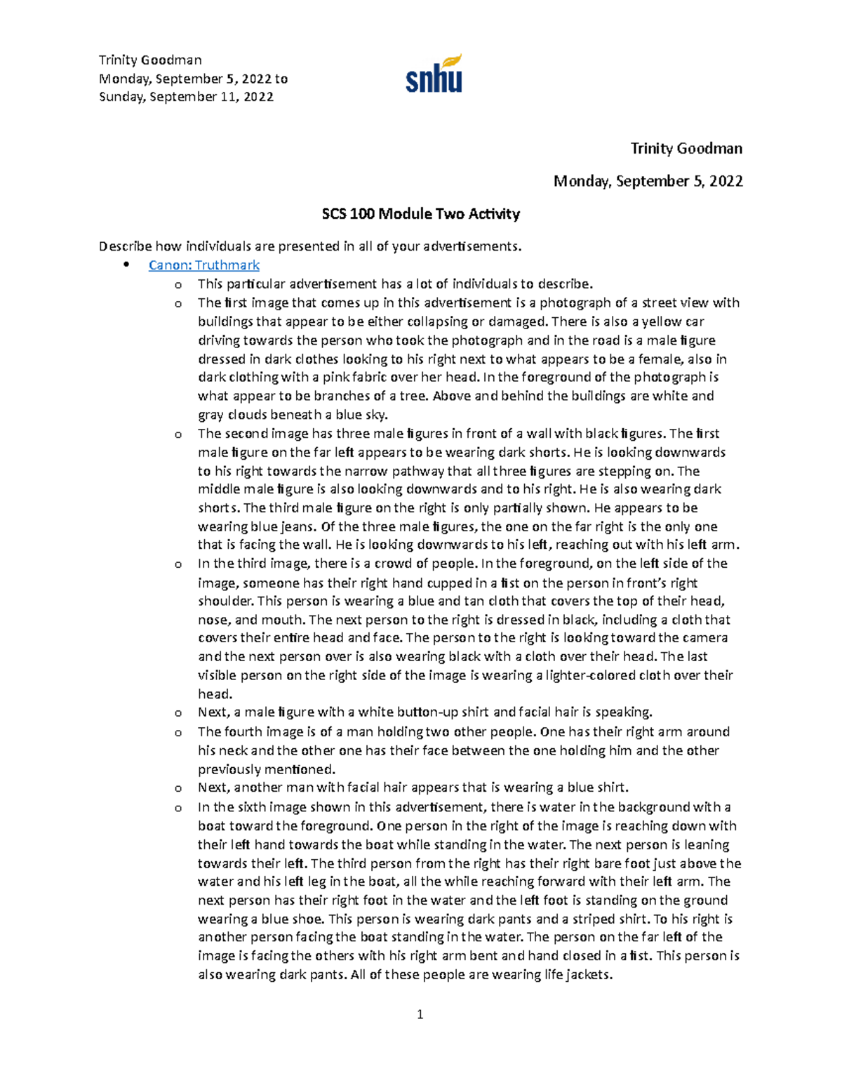 Goodman, Trinity SCS 100 Module Two Activity - Monday, September 5 ...
