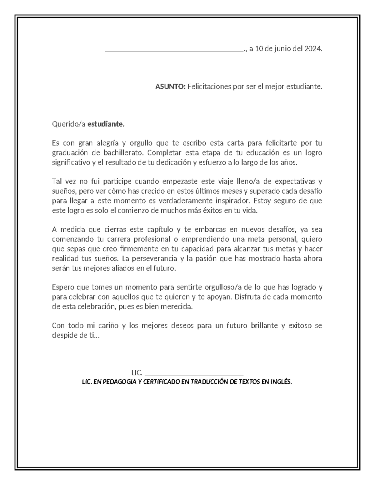 Carta A Estudiantes - ___________________________________., a 10 de ...