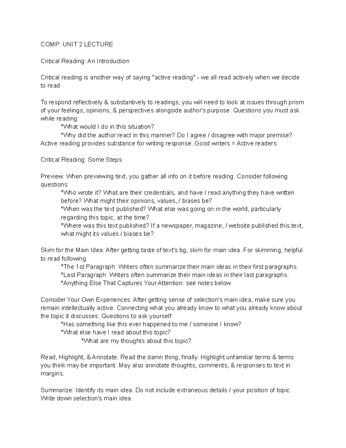 College Comp I Unit 2 Lectures - COMP: UNIT 2 LECTURE Critical Reading: An Introduction Critical ...