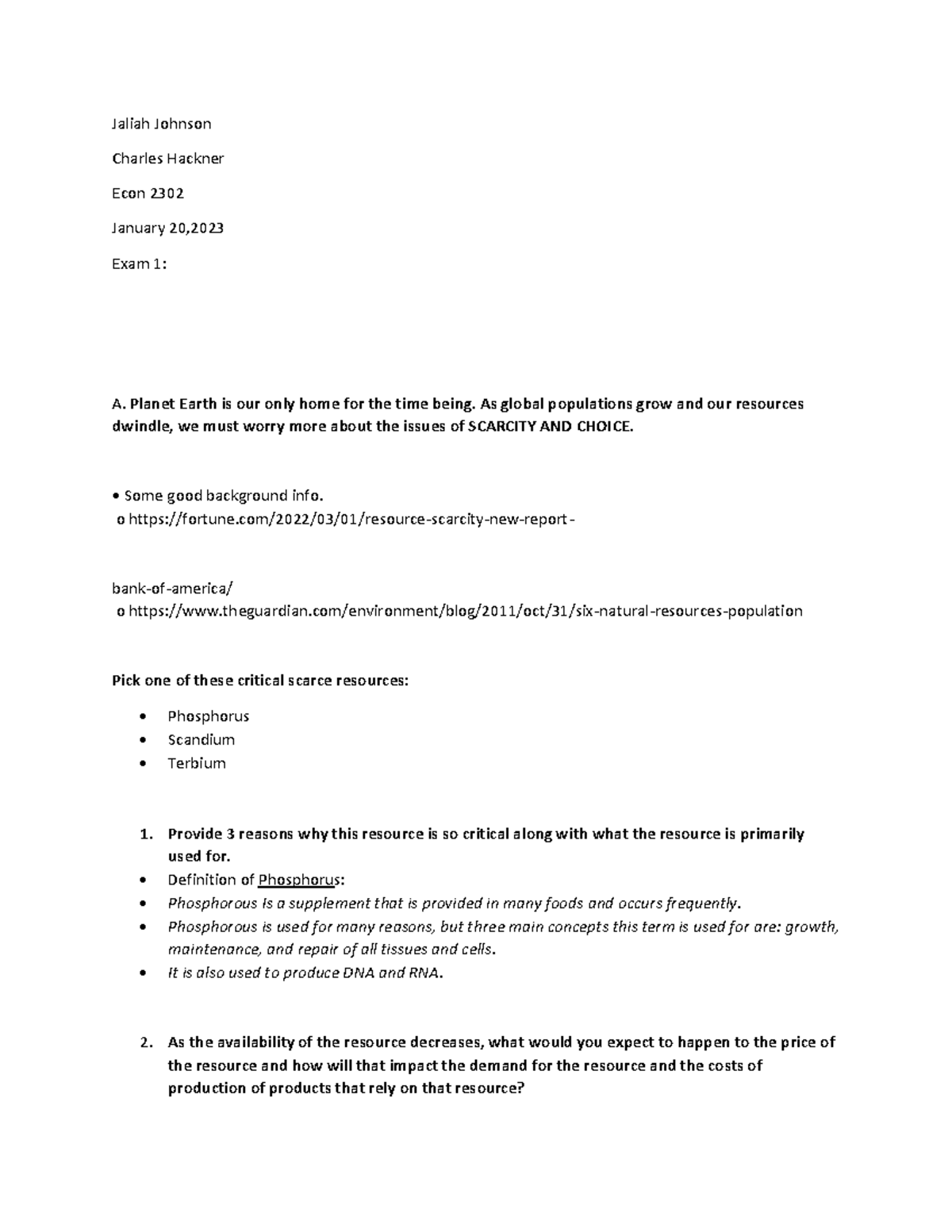 Exam 1 - essay - Jaliah Johnson Charles Hackner Econ 2302 January 20 ...