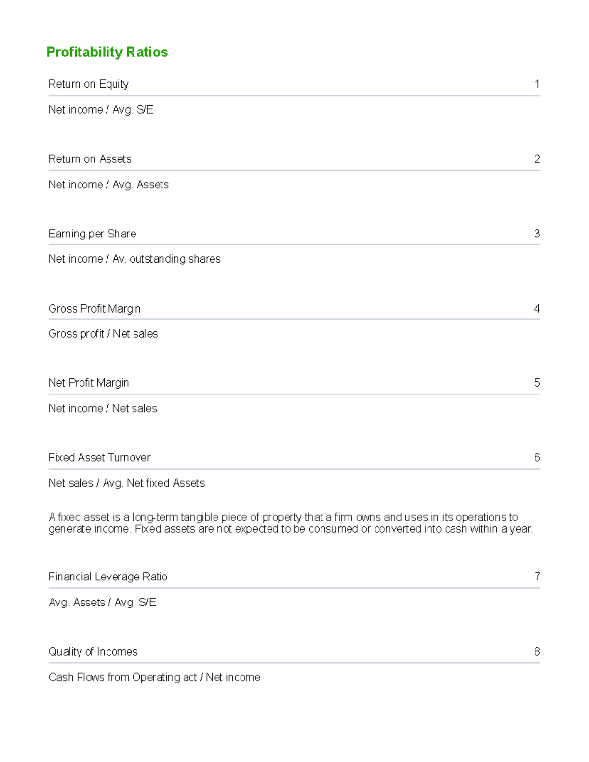 Ratio Flash Cards - Profitability Ratios Return on Equity 1 Net income ...