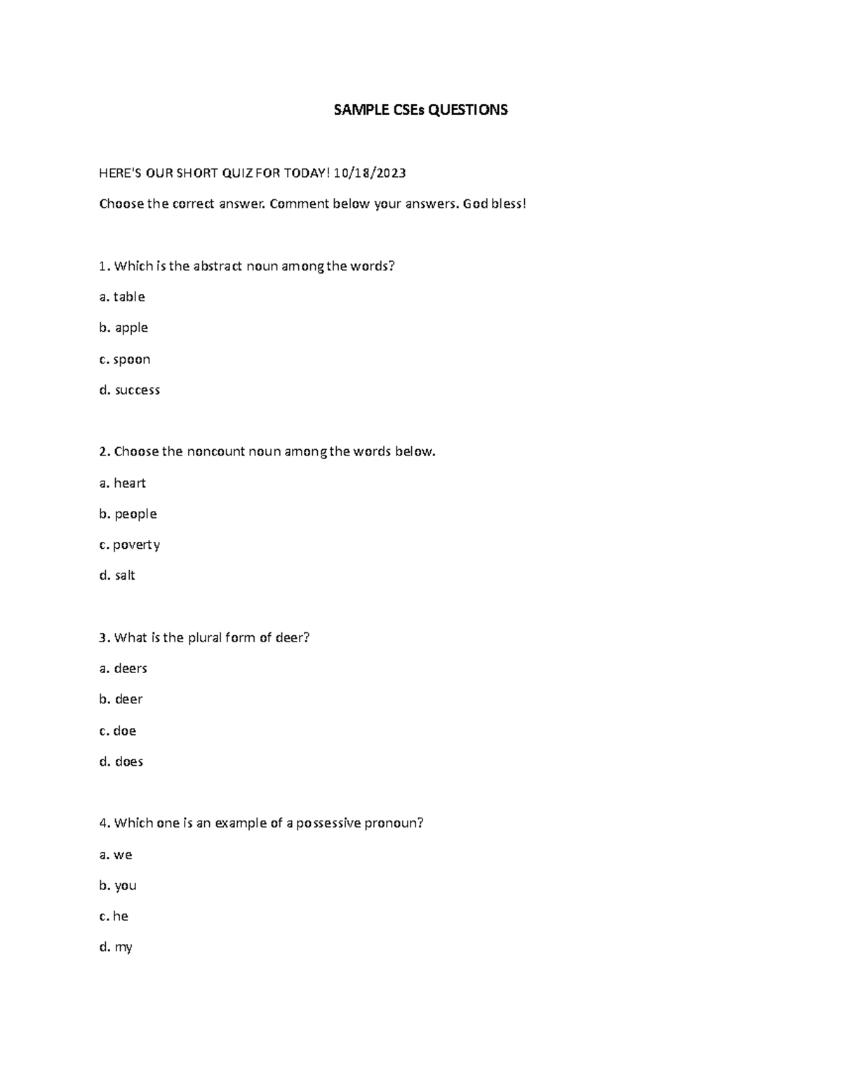 Sample Cses Questions Sample Cses Questions Heres Our Short Quiz For