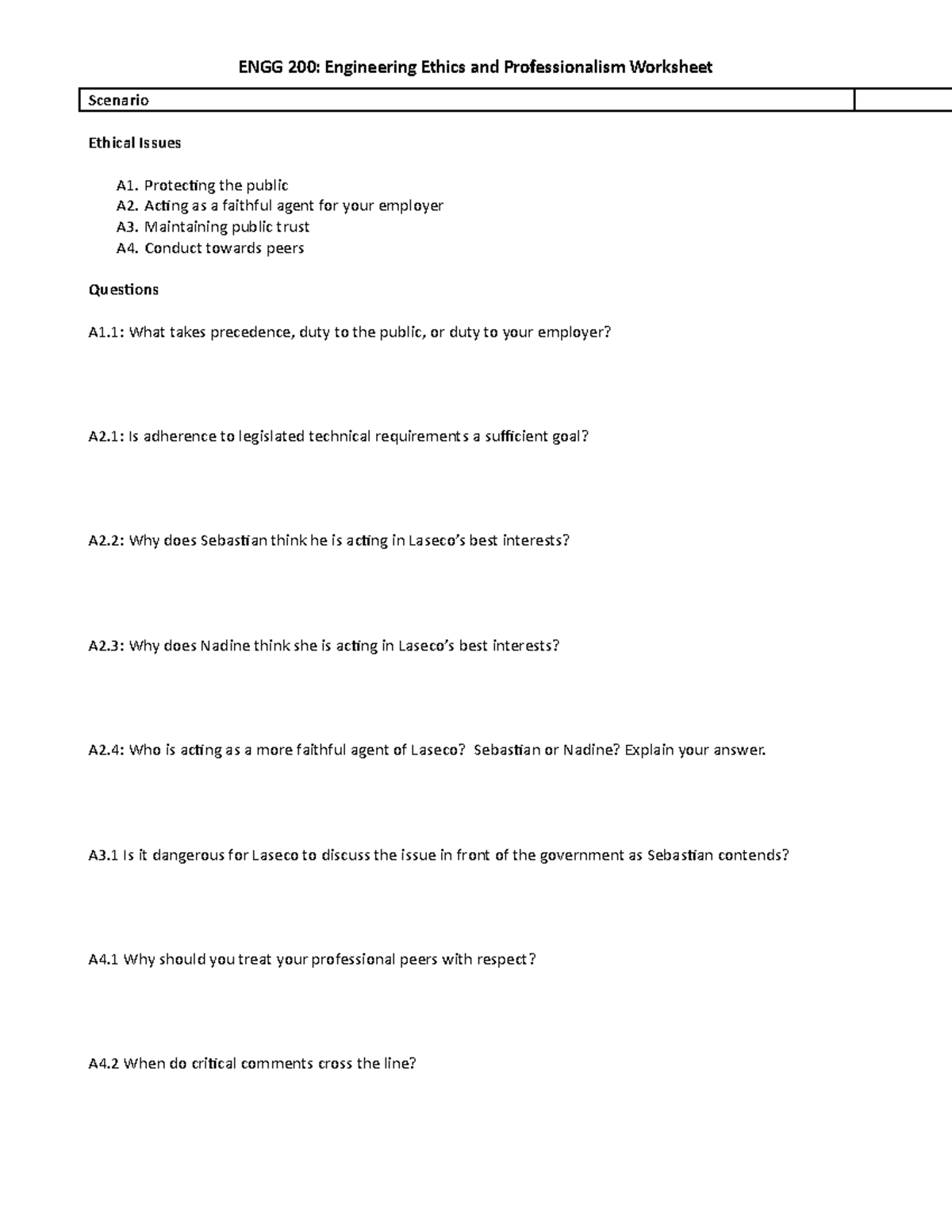 Ethics worksheet - ENGG 200: Engineering Ethics and Professionalism ...