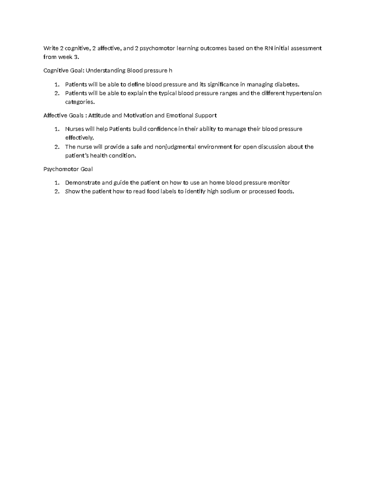 Smart Goals - Write 2 cognitive, 2 affective, and 2 psychomotor ...