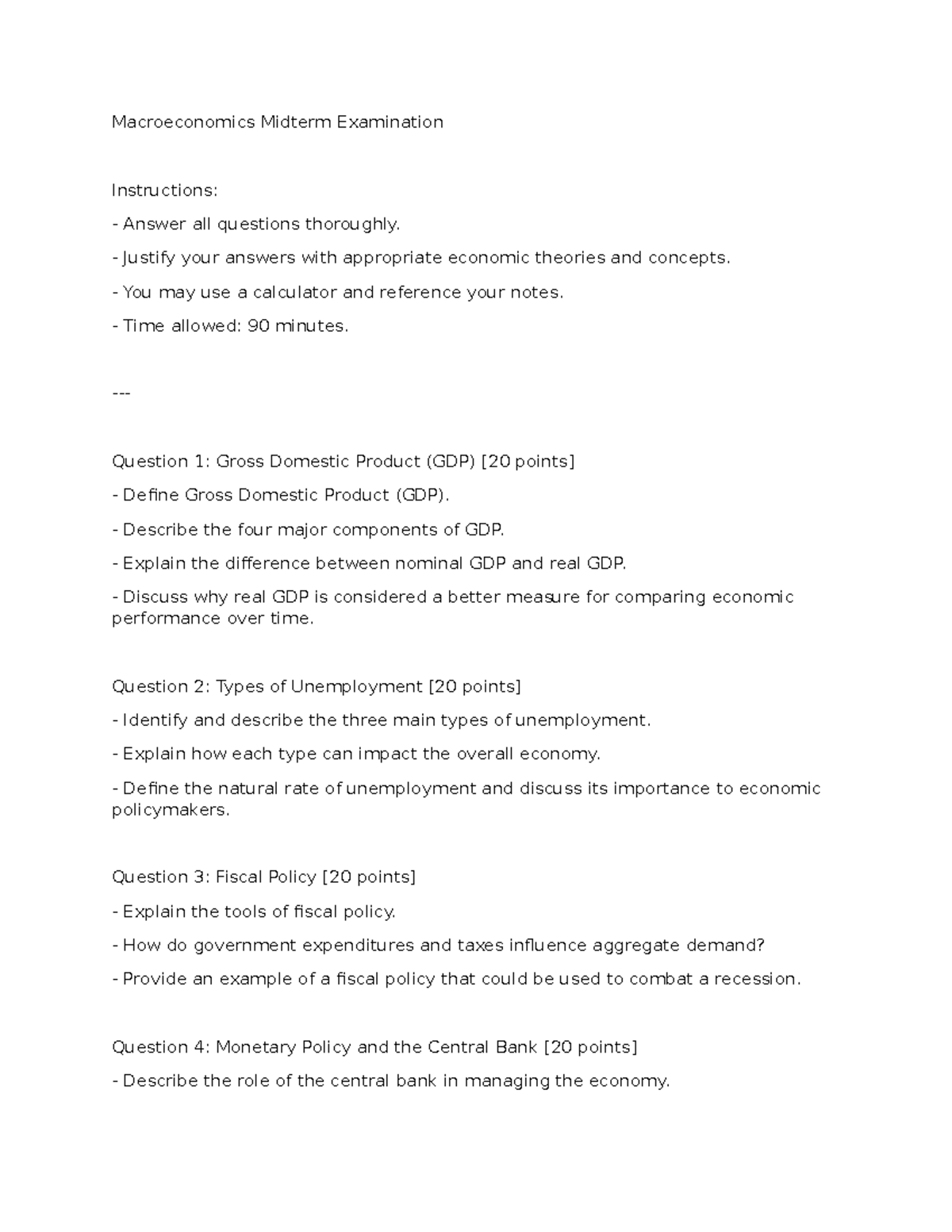 Sample midterm 2022 - Macroeconomics Midterm Examination Instructions ...