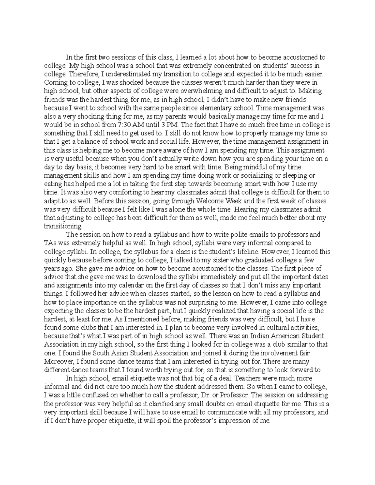 University 101 Journal 1 - In the first two sessions of this class, I ...