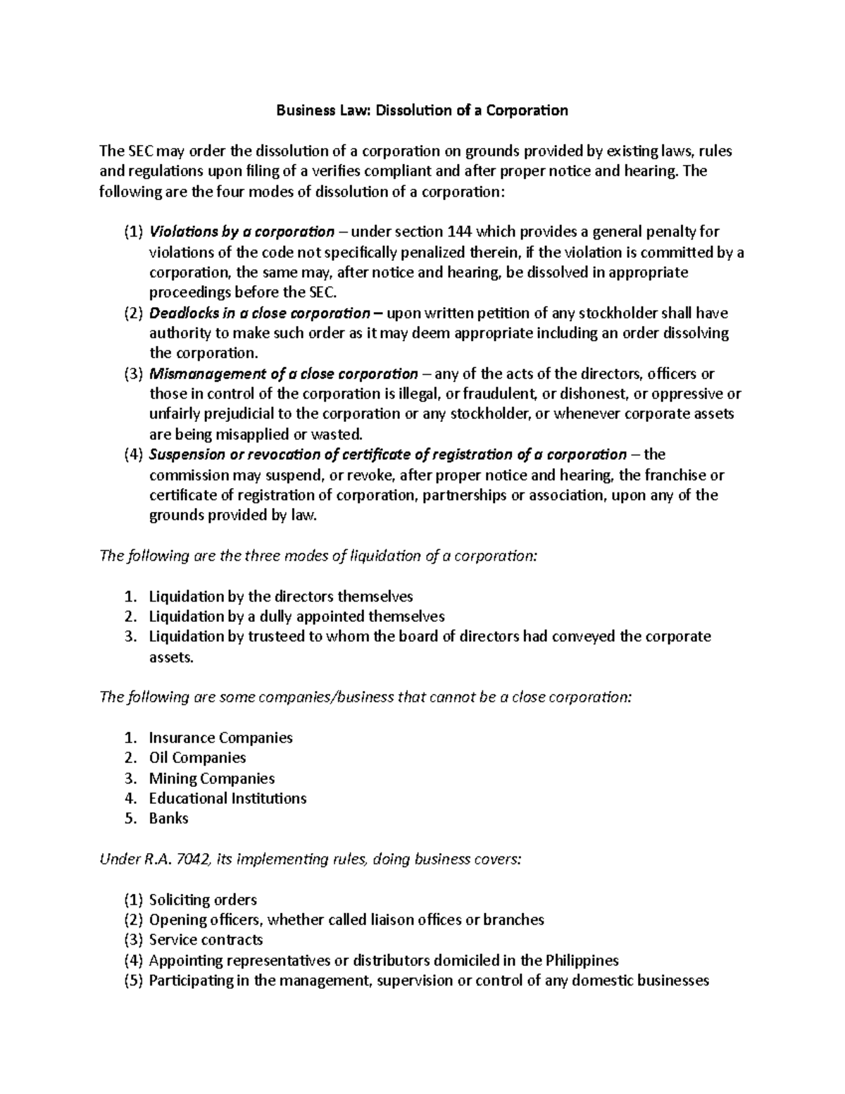 Dissolution of a Corporation - The following are the four modes of ...