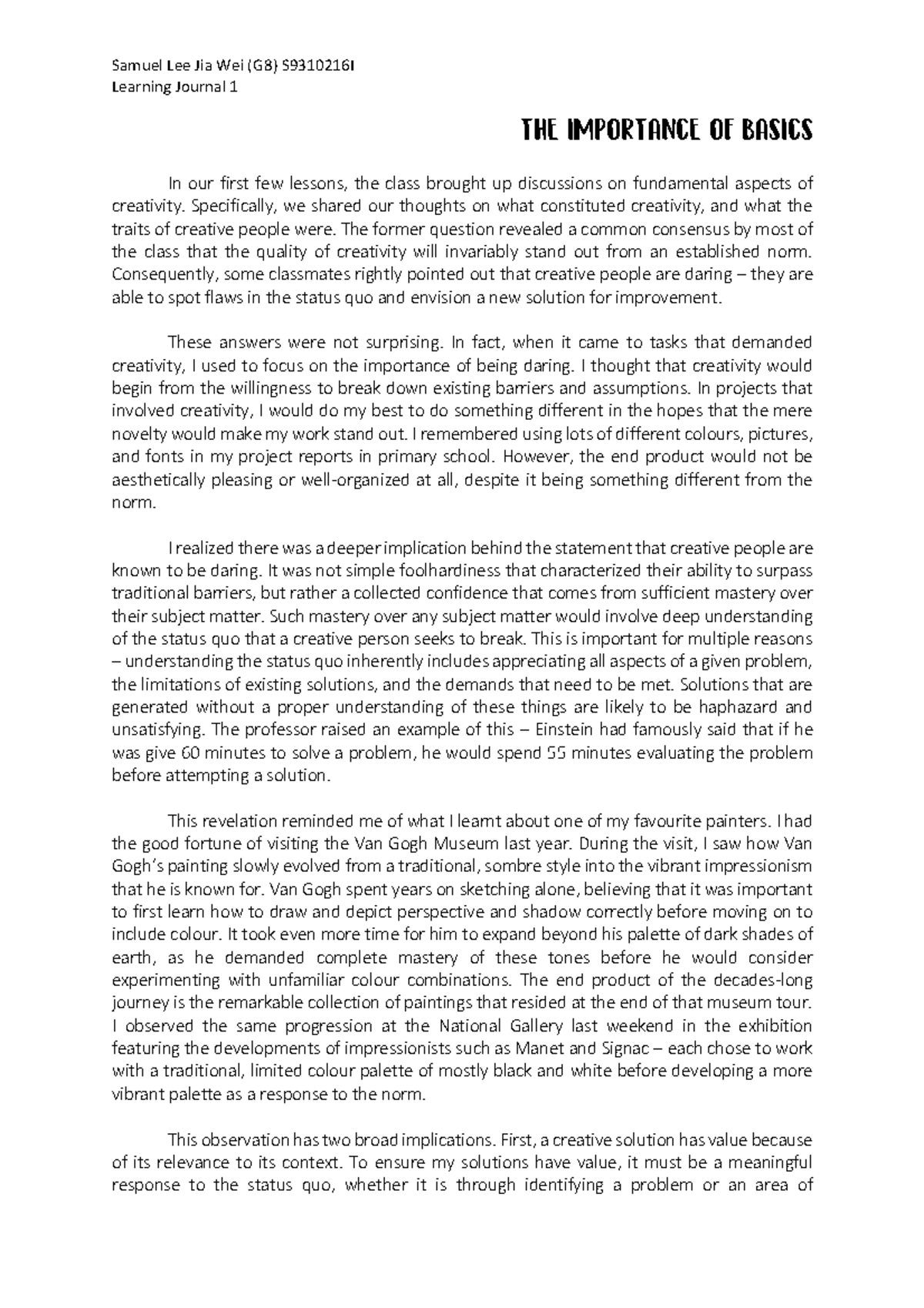 Learning Journal 1 - A grade example of the assignment - Samuel Lee Jia ...