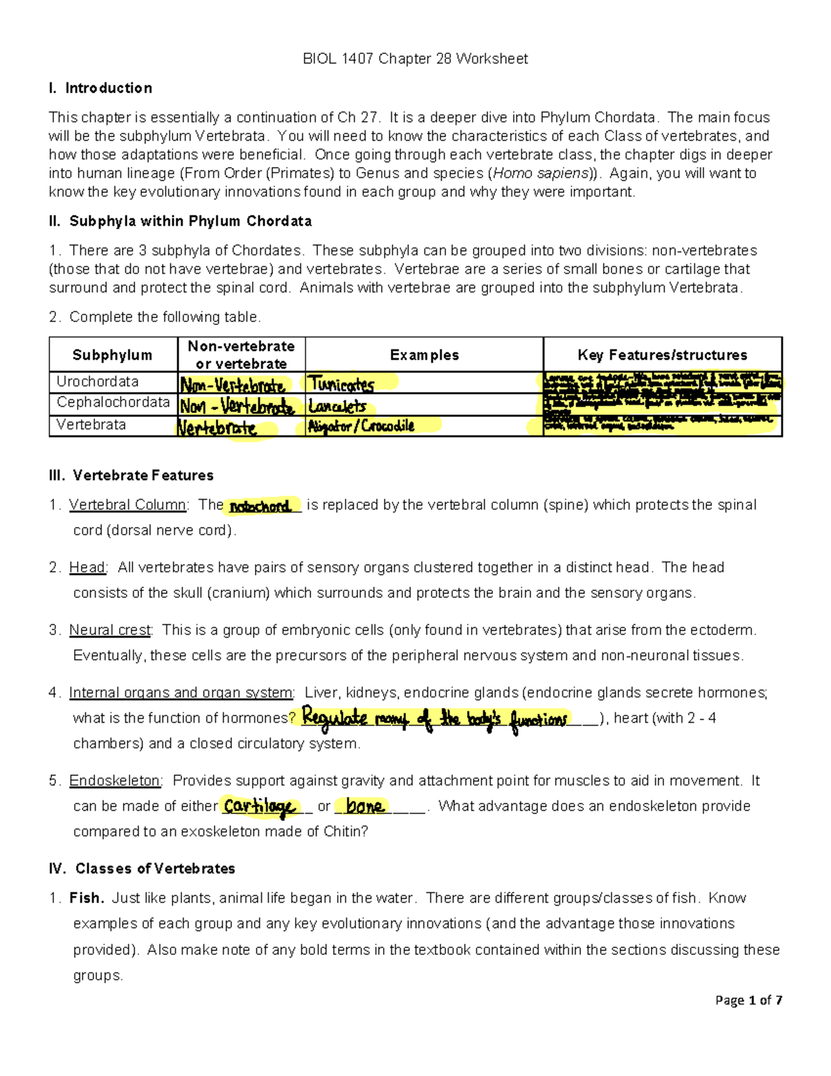 Ch 28 - Vertebrates - Professor Christopher R. Lopez, lab assignment ...