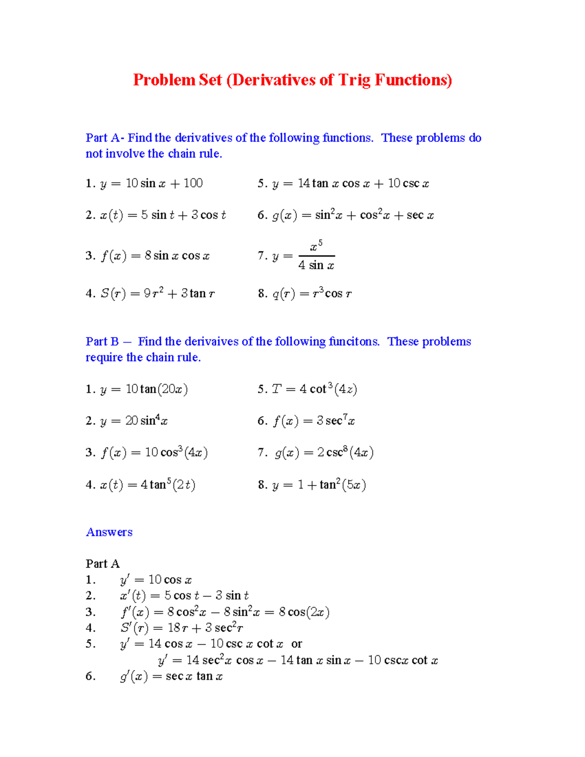 Probsderivtrigfuncs-2 - Problem Set (Derivatives of Trig Functions ...