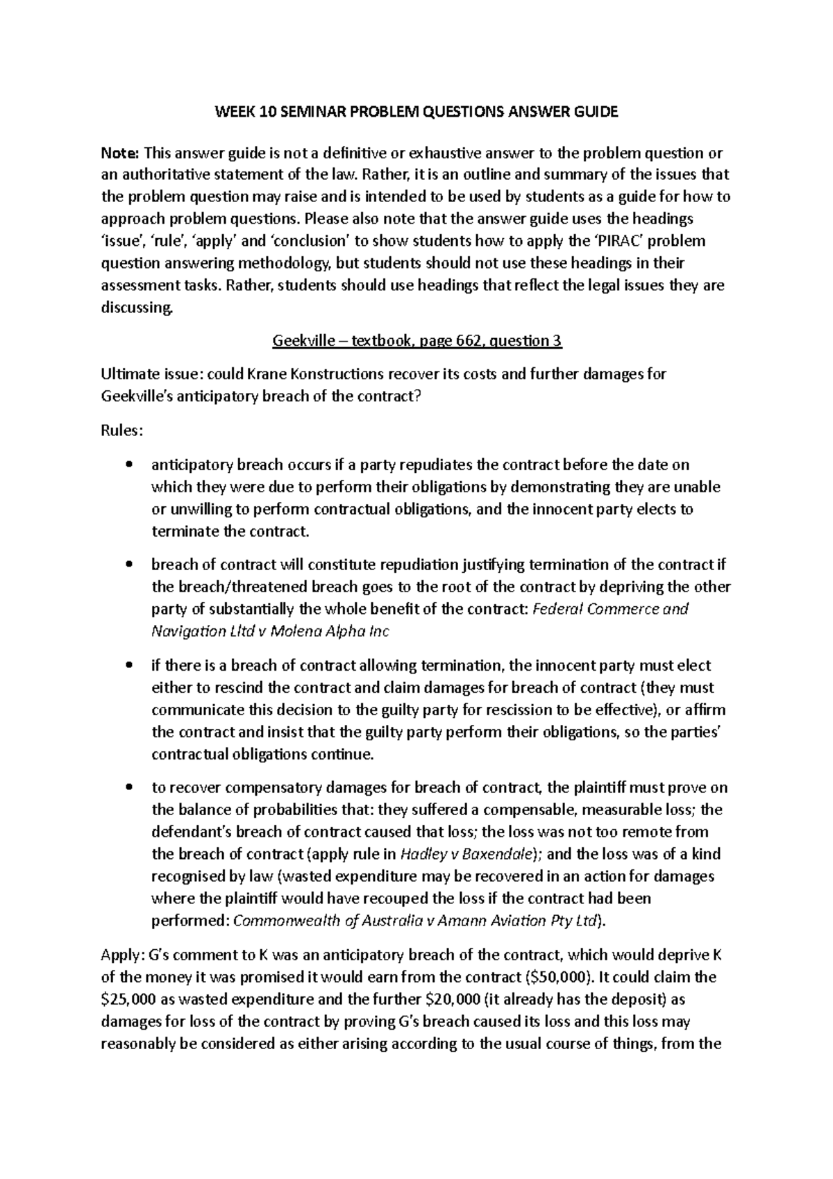 Answer Guide to Problem Questions Week 10 2021 - WEEK 10 SEMINAR ...