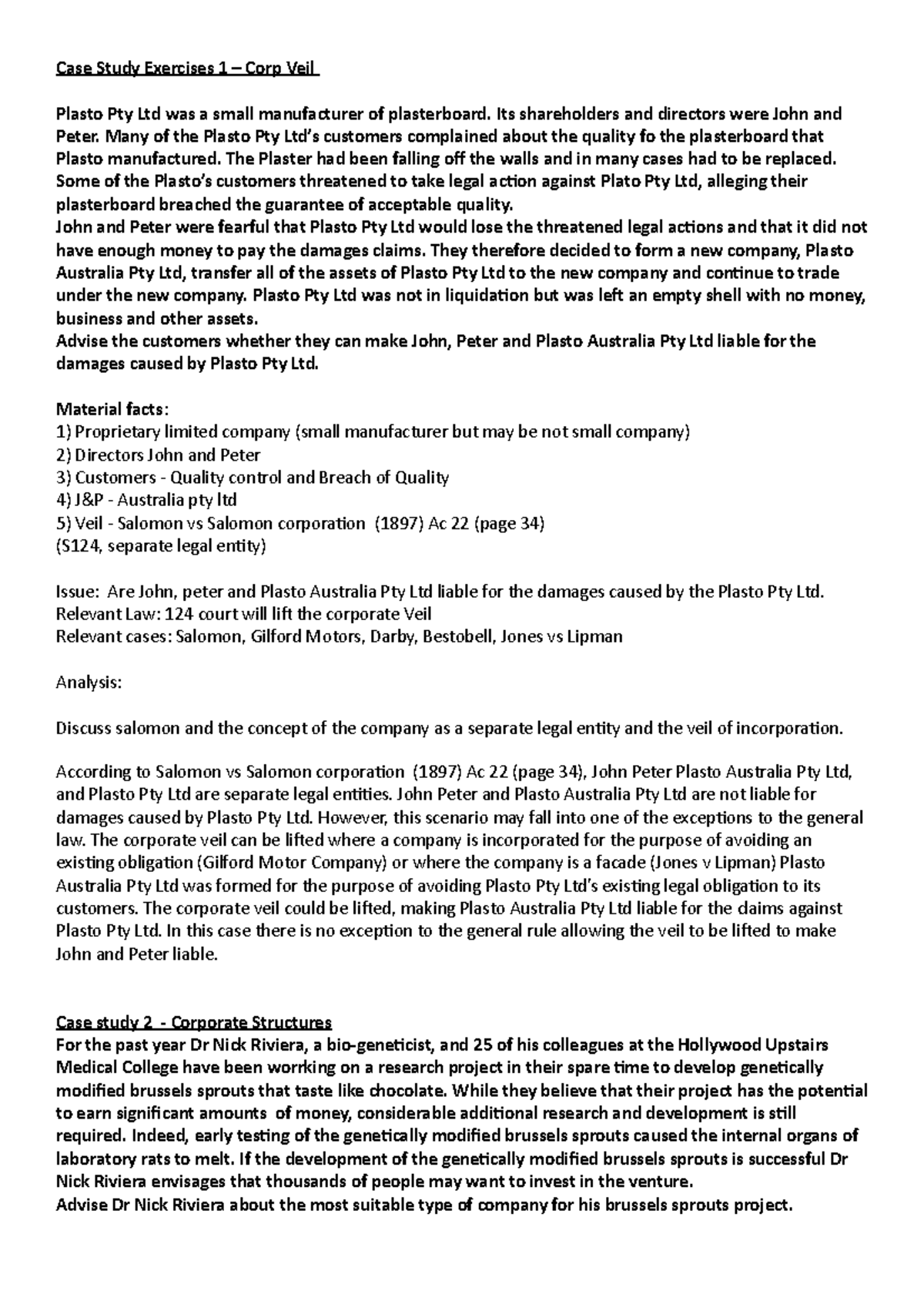 Case study exercises - in-class answers - Case Study Exercises 1 Corp ...