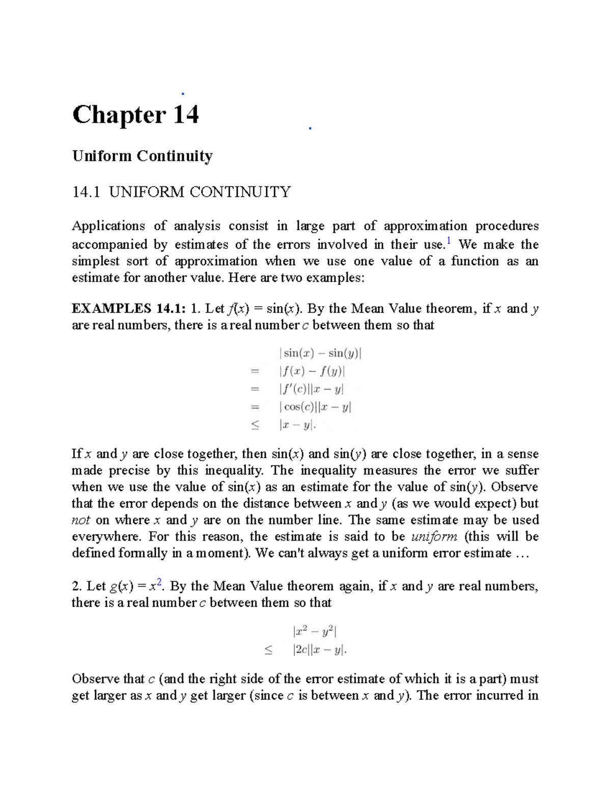 Introduction to Real Analysis 16 - Chapter 14 Uniform Continuity 14 ...