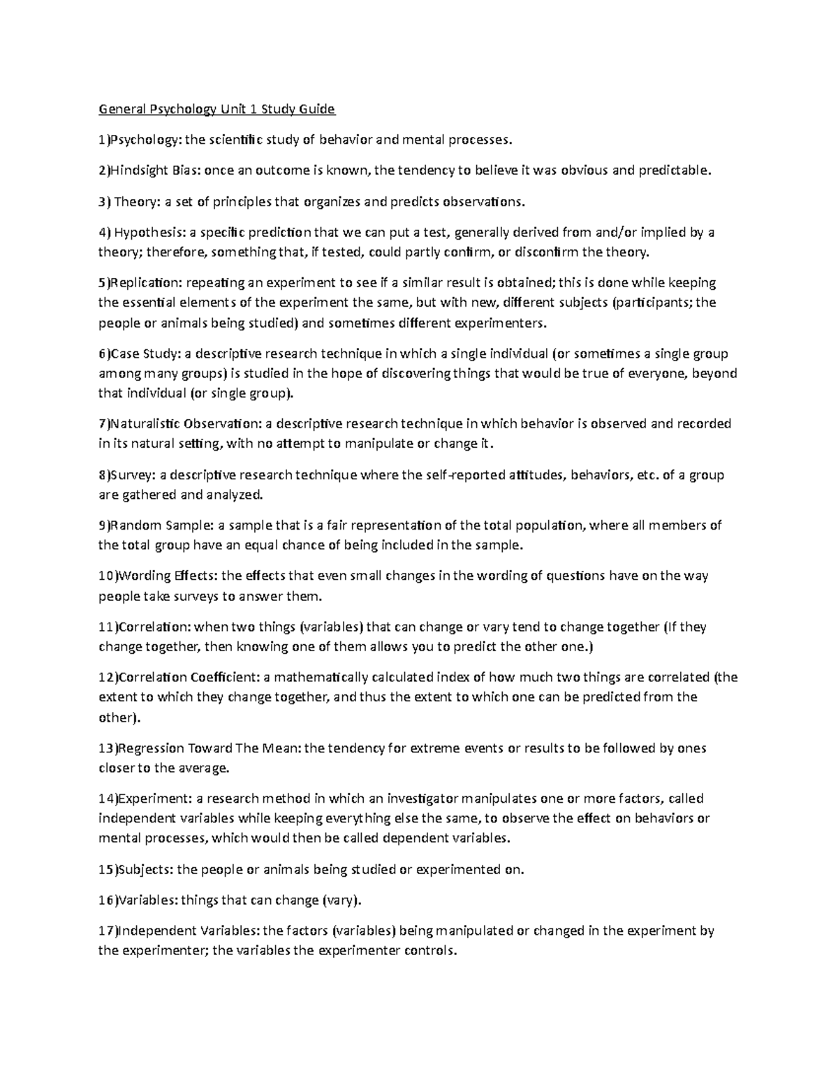 General Psychology Study Guide - General Psychology Unit 1 Study Guide ...