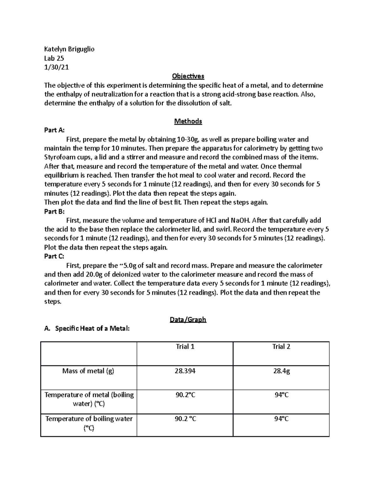 Experiment 25 - lab report from lab book - Katelyn Briguglio Lab 25 1 ...