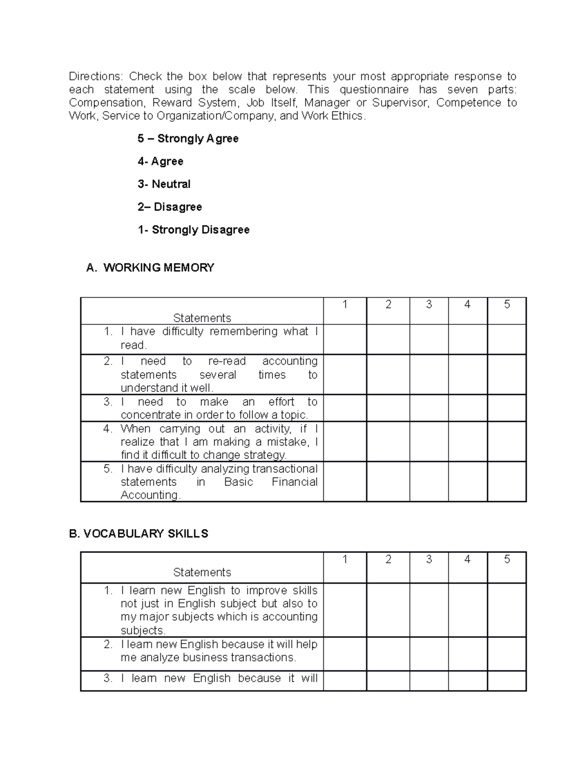 Sample research questionnaire - Directions: Check the box below that ...