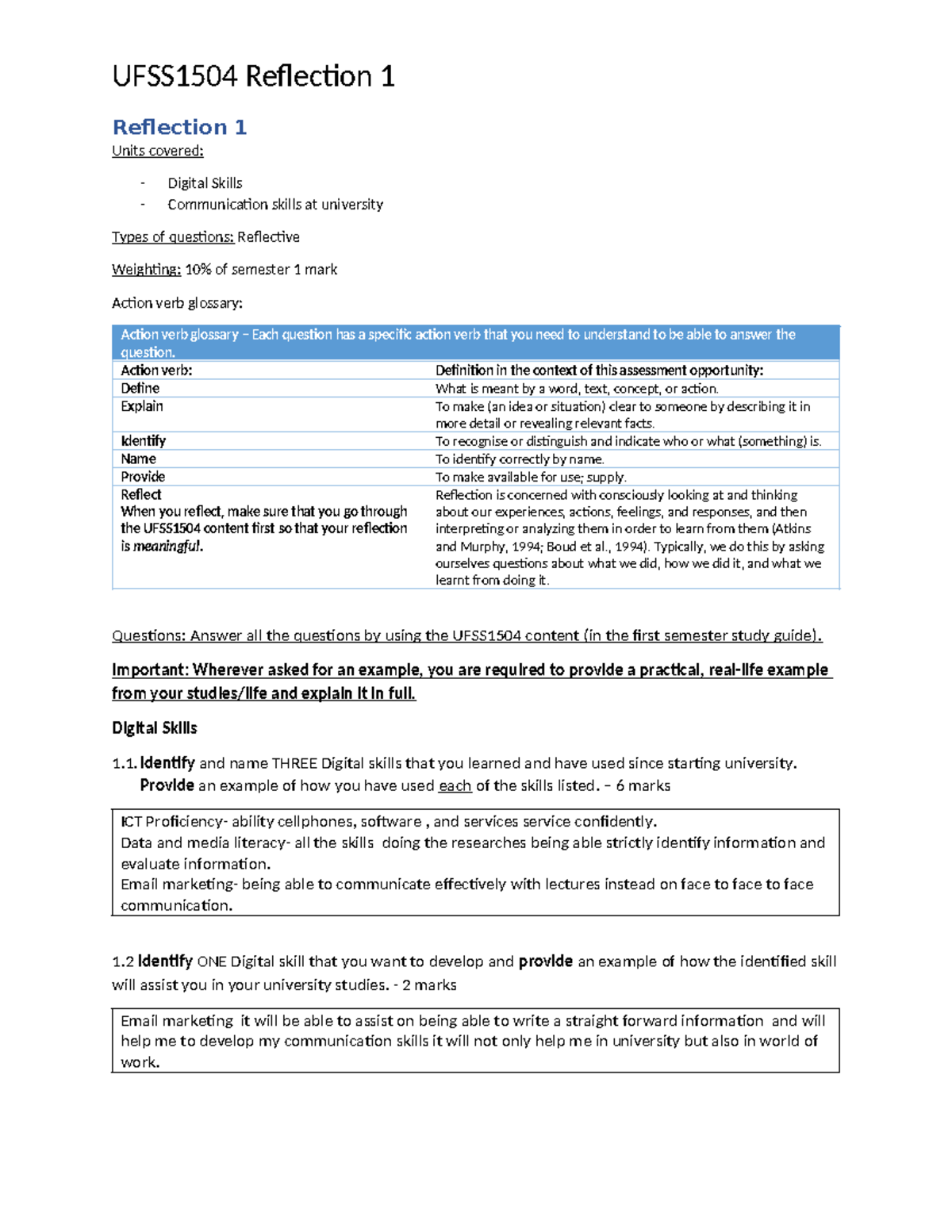 Reflection 1 worksheet 2024 Finalee - Reflection 1 Units covered ...
