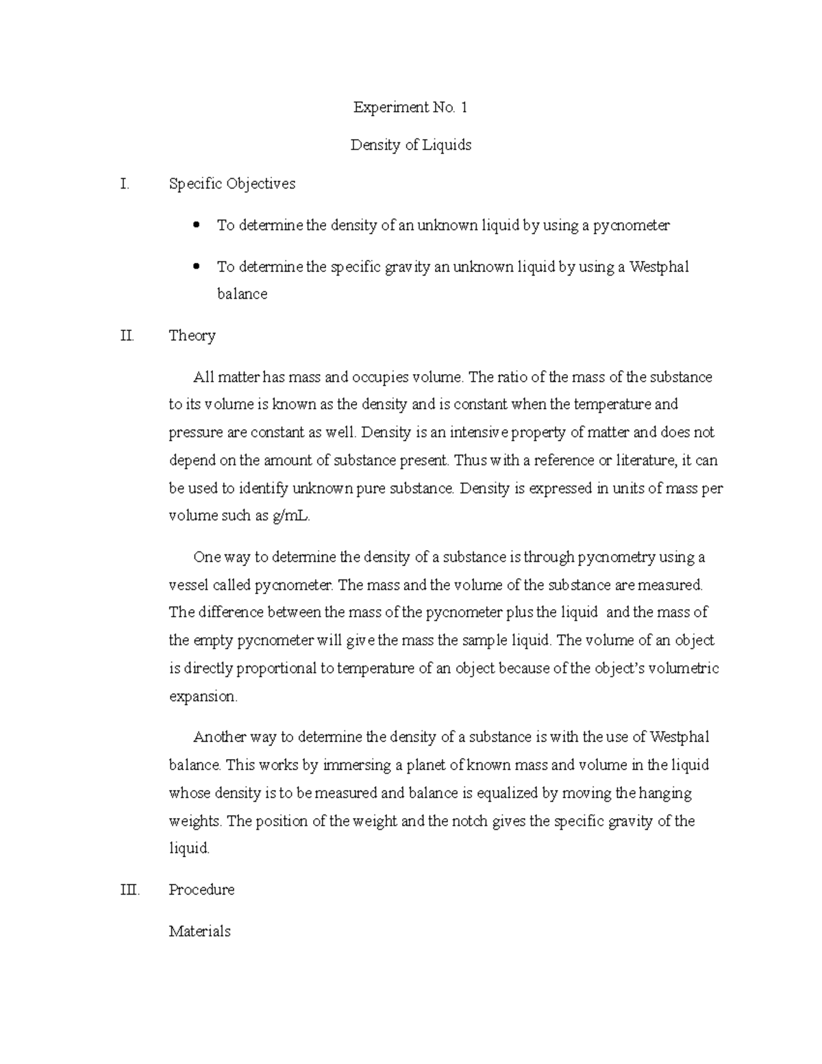 Phy Chem lab 1 - Laboratory - Experiment No. 1 Density of Liquids I ...