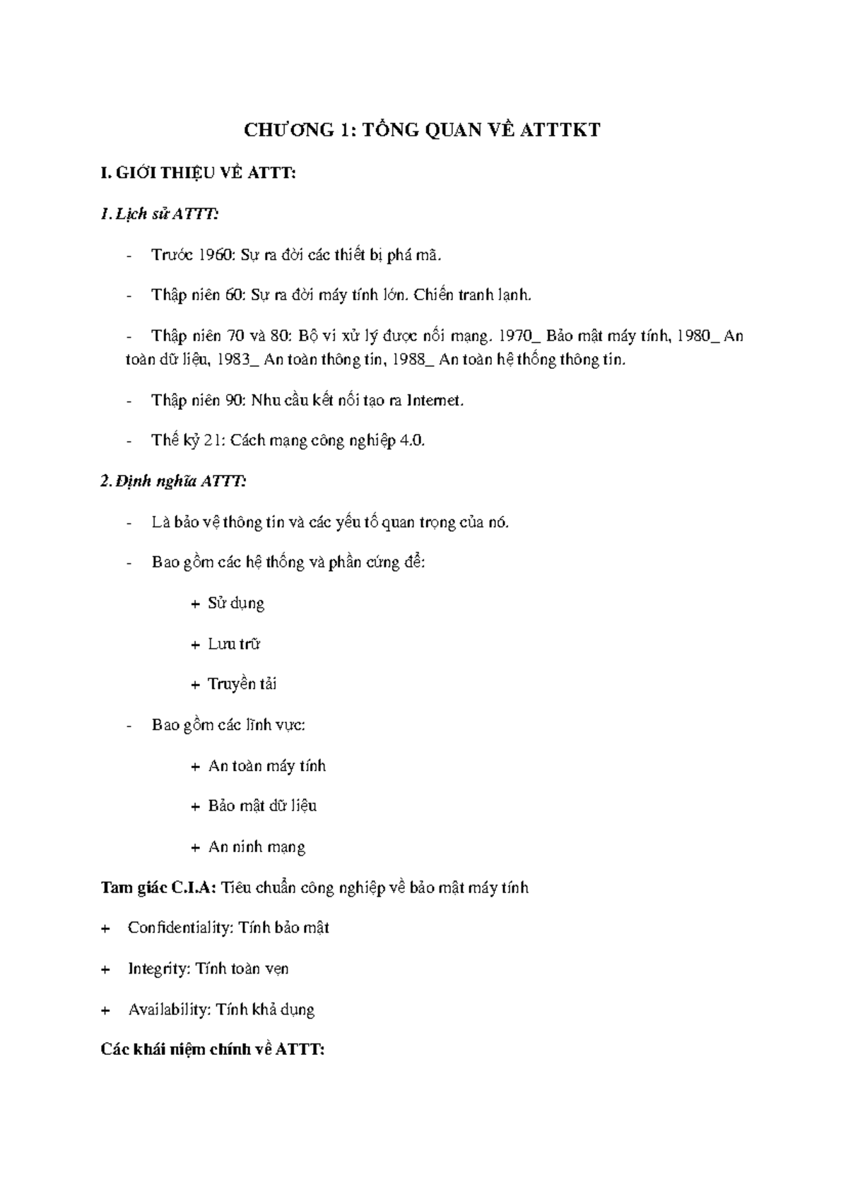 TÓM TẮT CHƯƠNG A Tttkt - hhuj - CHƯƠNG 1: TỔNG QUAN VỀ ATTTKT I. GIỚI ...
